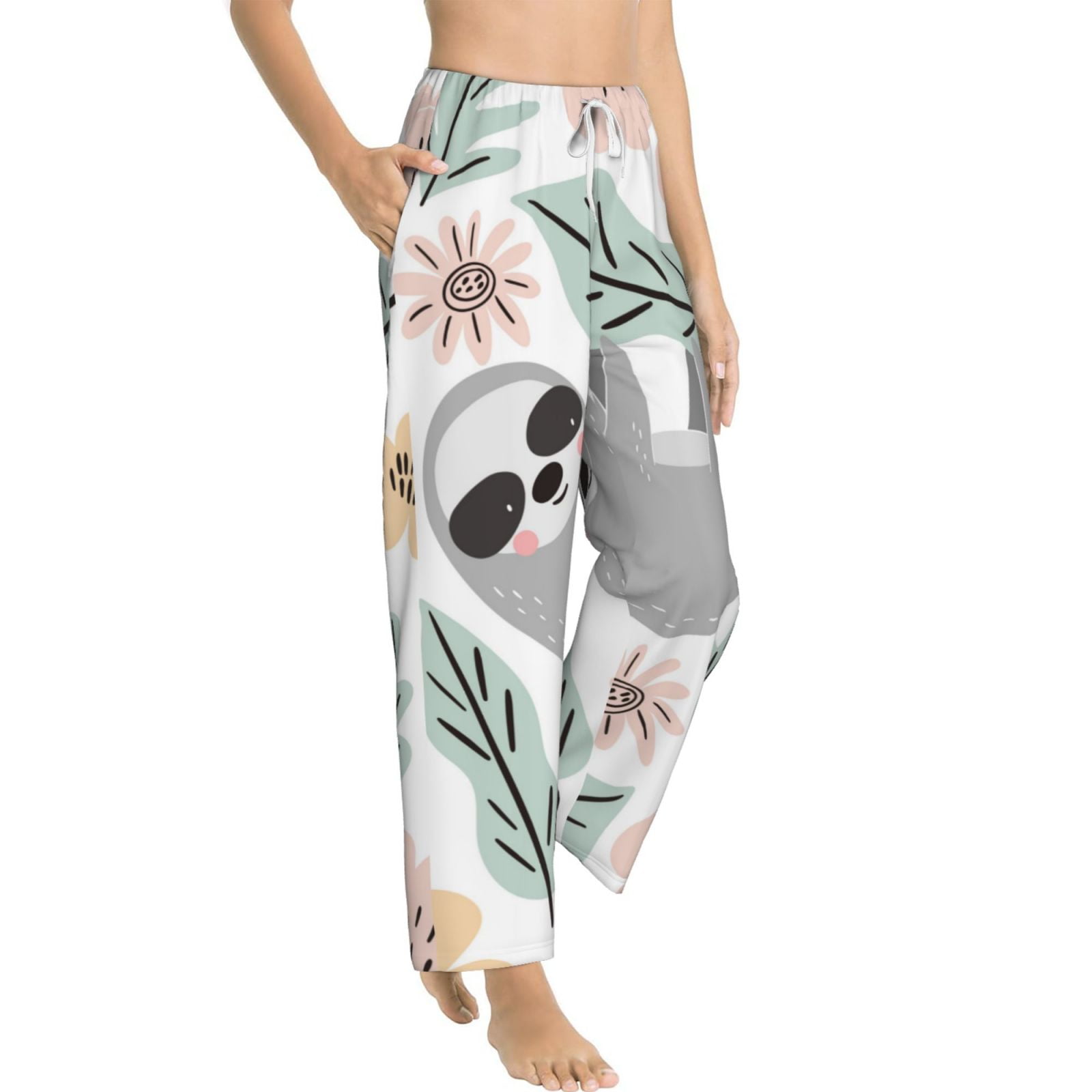 Goofa Cute Cartoon Sloth Printed Soft Pajama Pants for Women, Wide Leg ...