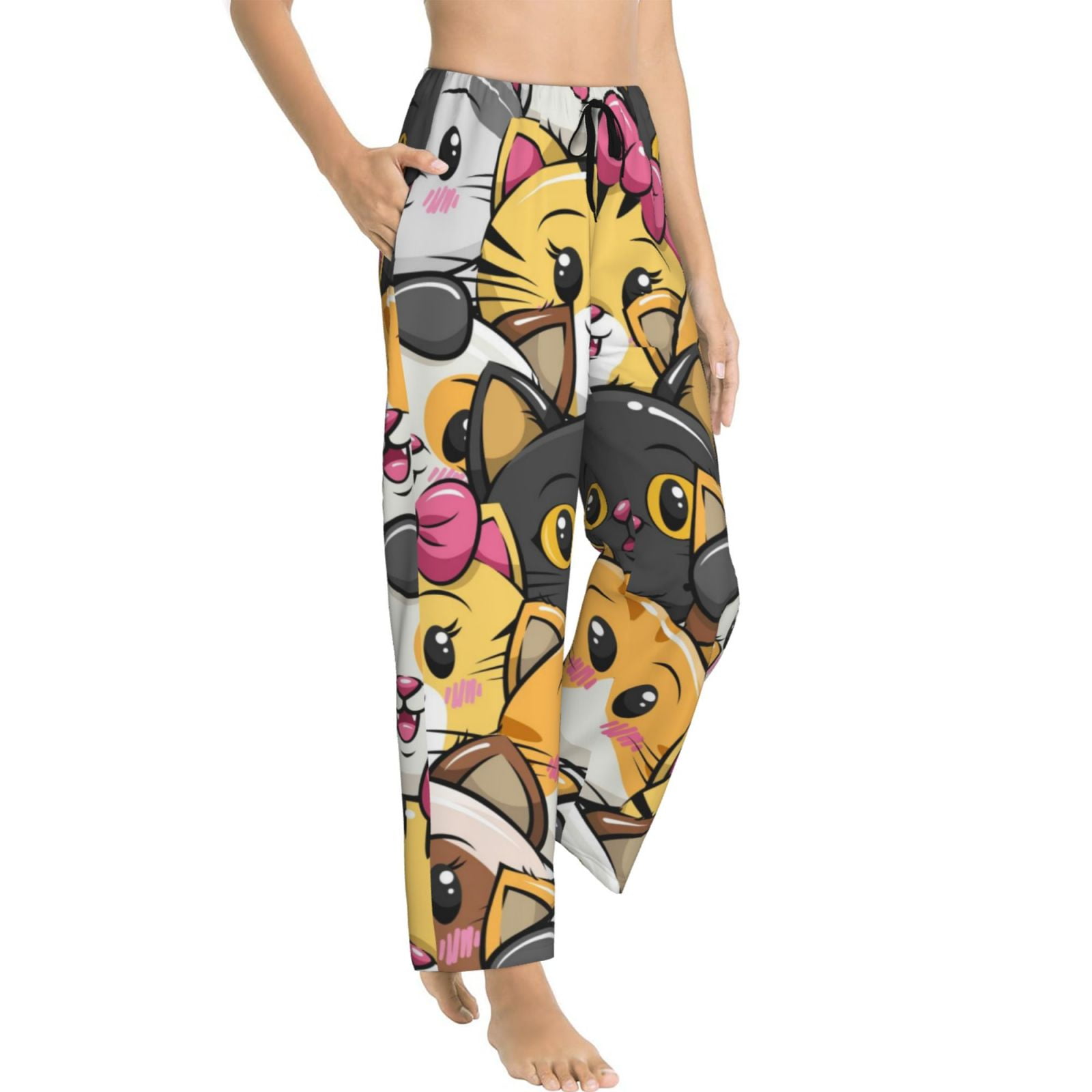 Goofa Cute Cat Cartoon Printed Soft Pajama Pants for Women, Wide Leg ...