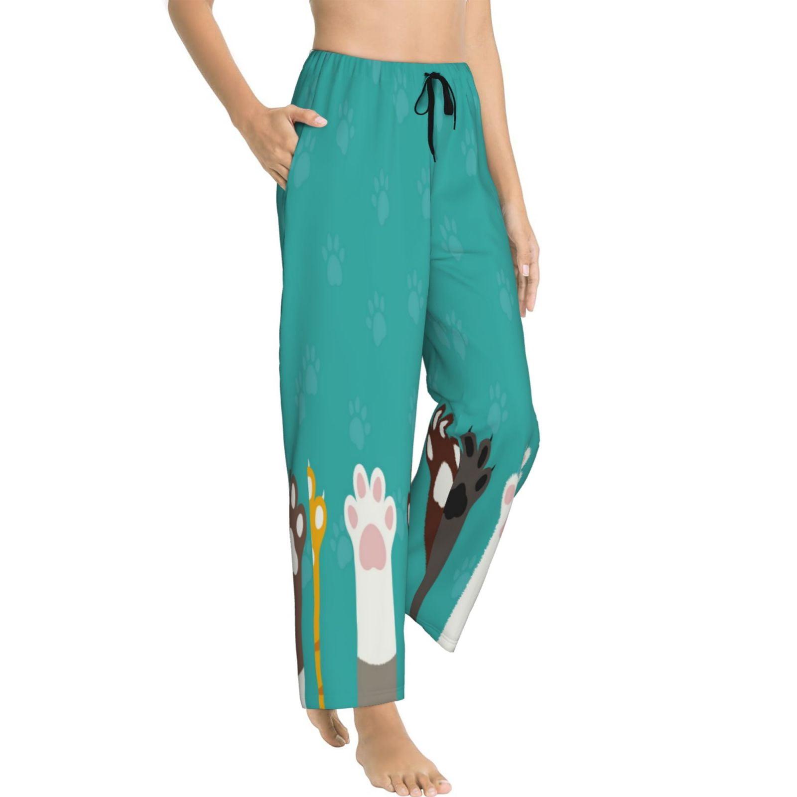 Goofa Cute Cat Paw And Dog Printed Soft Pajama Pants for Women, Wide ...