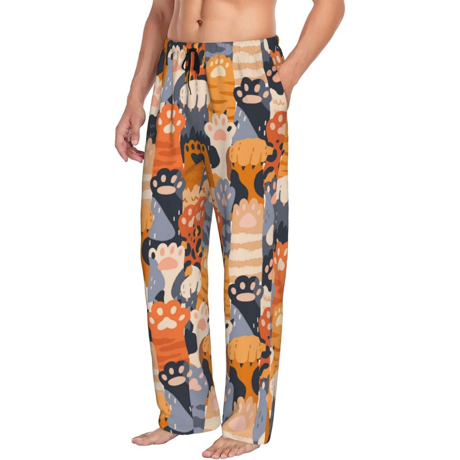 Goofa Cute Cat Paw Printed Soft Pajama Pants for Men, Wide Leg Comfy ...