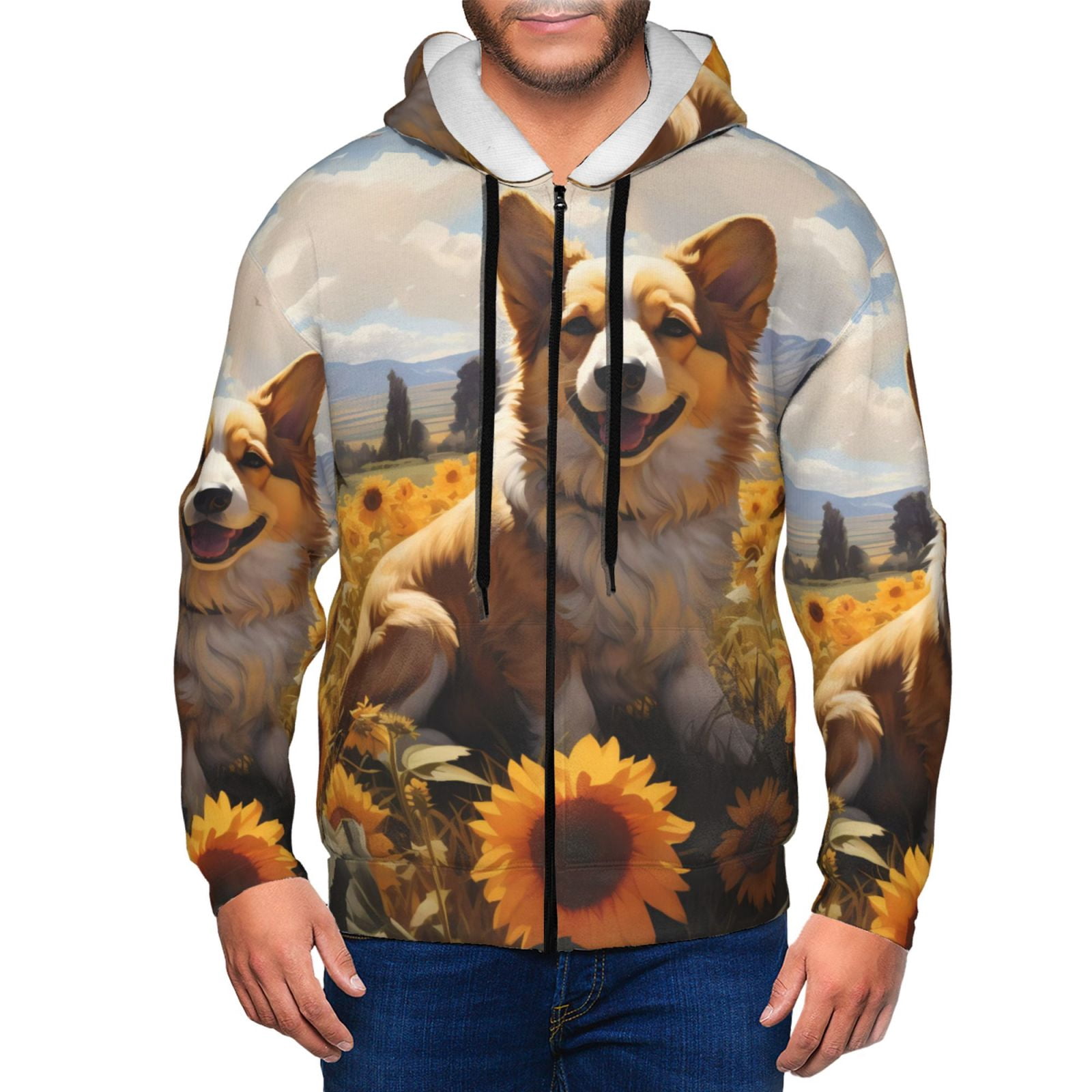 Goofa Cute Corgi Sunflower Pattern Mens Full-zip Hoodie, Zip-up ...