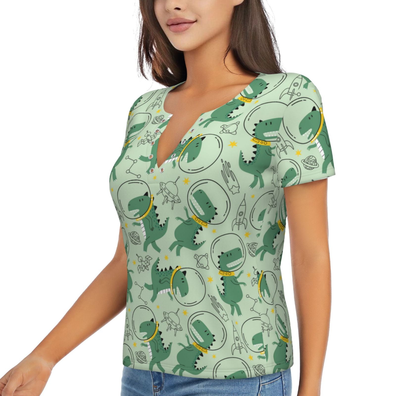 Goofa Cute Dinosaurs in Space Pattern Womens Deep V Neck Low Cut Tops ...