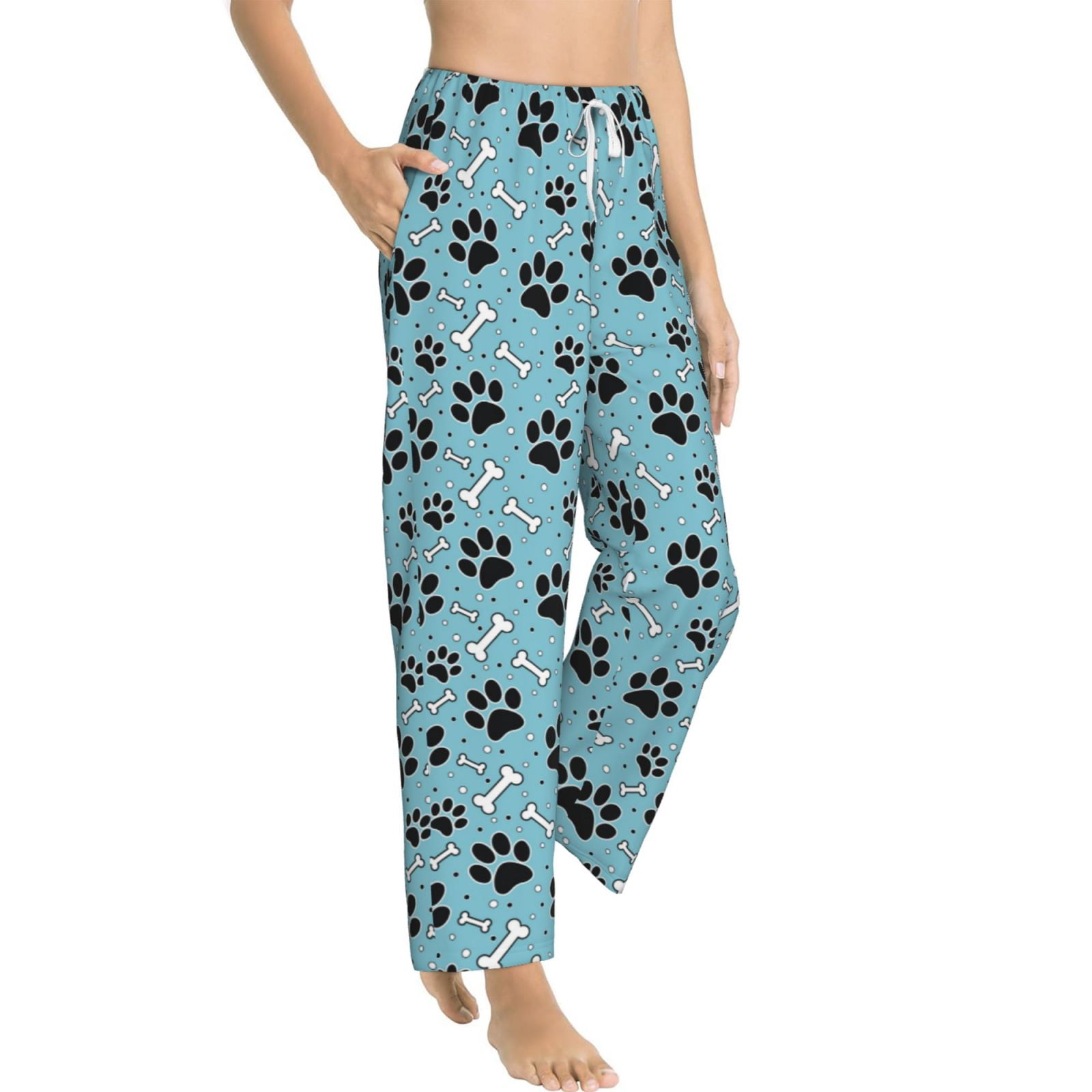 Goofa Cute Dog Footprints Printed Soft Pajama Pants for Women, Wide Leg ...