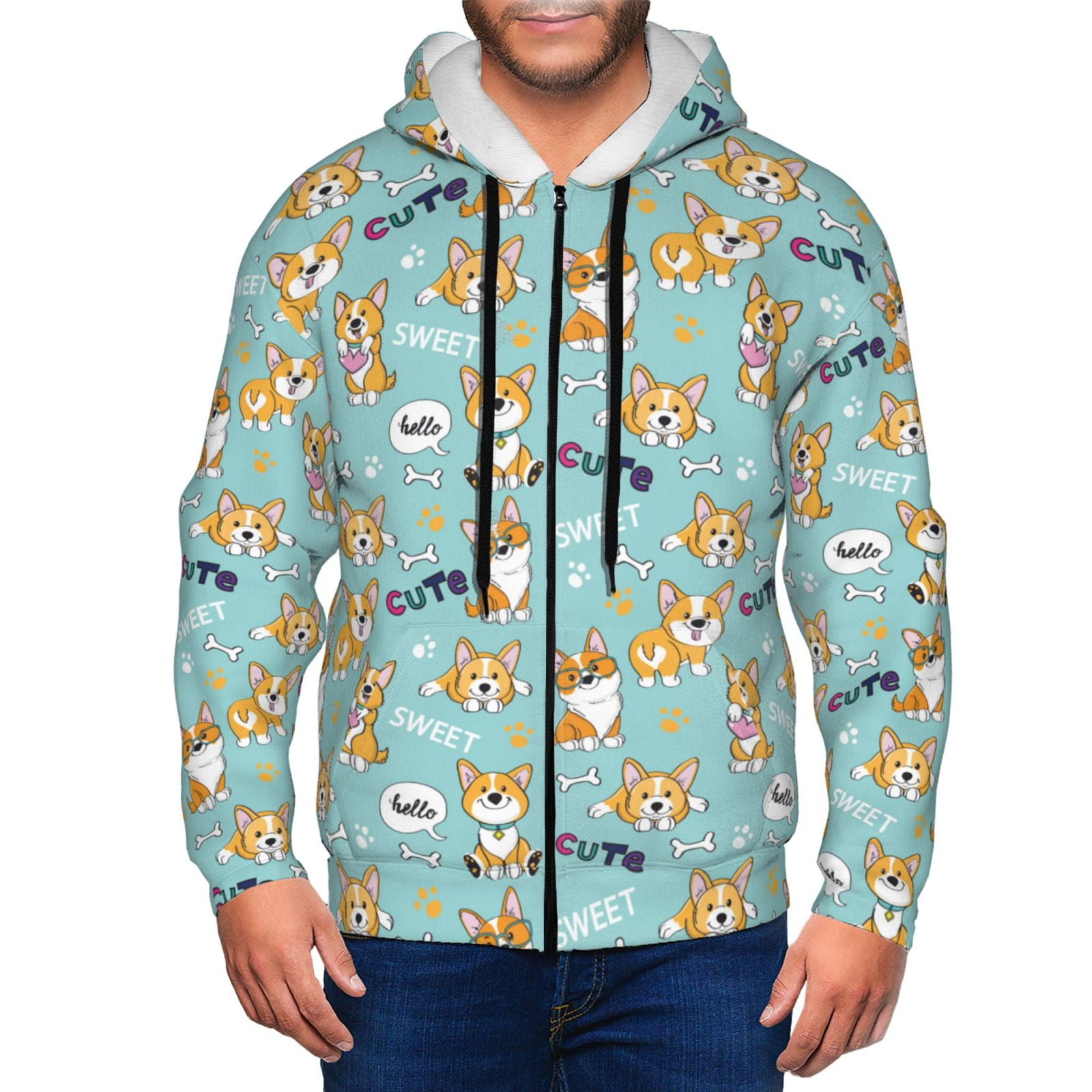 Goofa Cute Dogs Corgi Pattern Mens Full-zip Hoodie, Zip-up Pullover ...