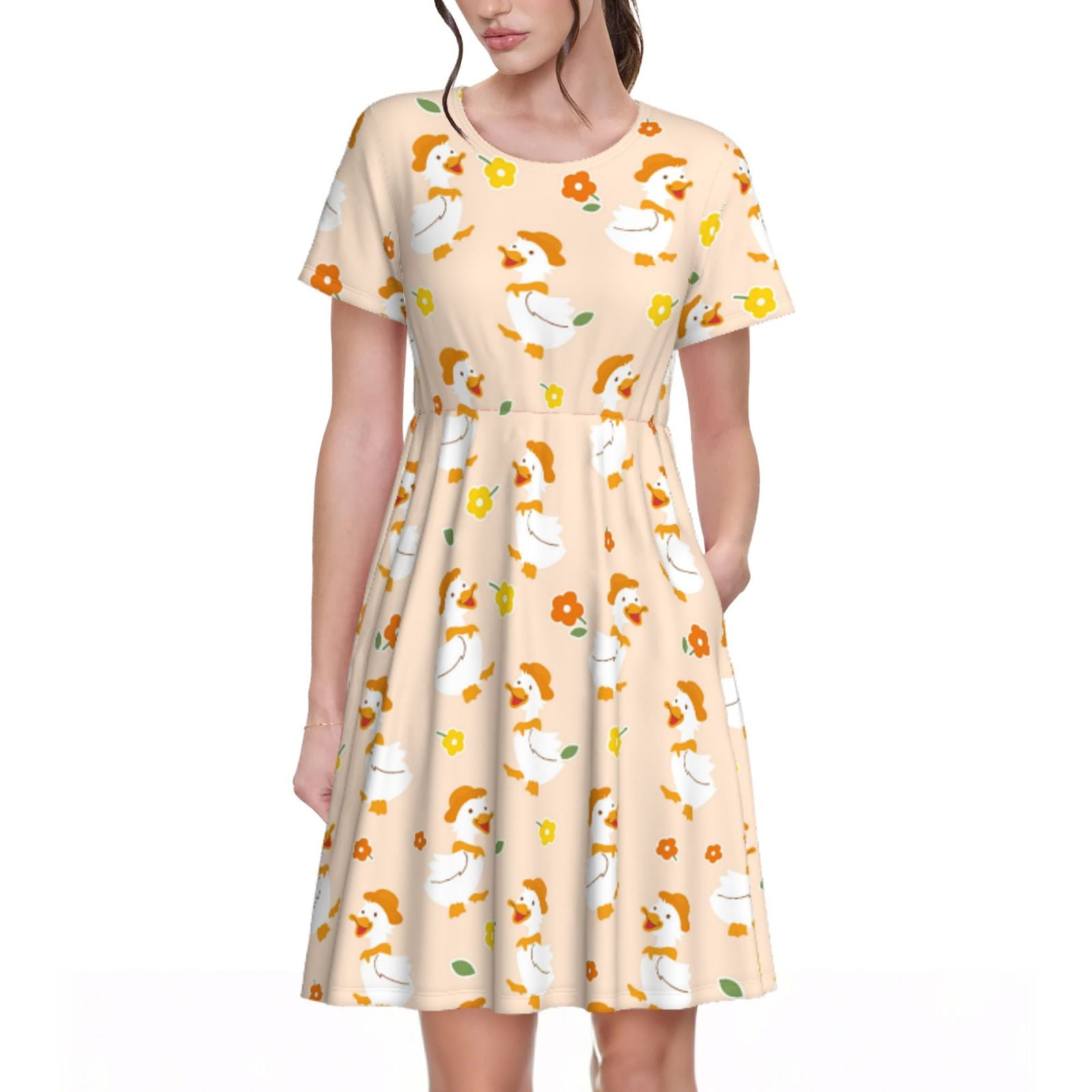 Goofa Cute Duck And Flower Pattern Women Summer Short Sleeve Midi Dress ...