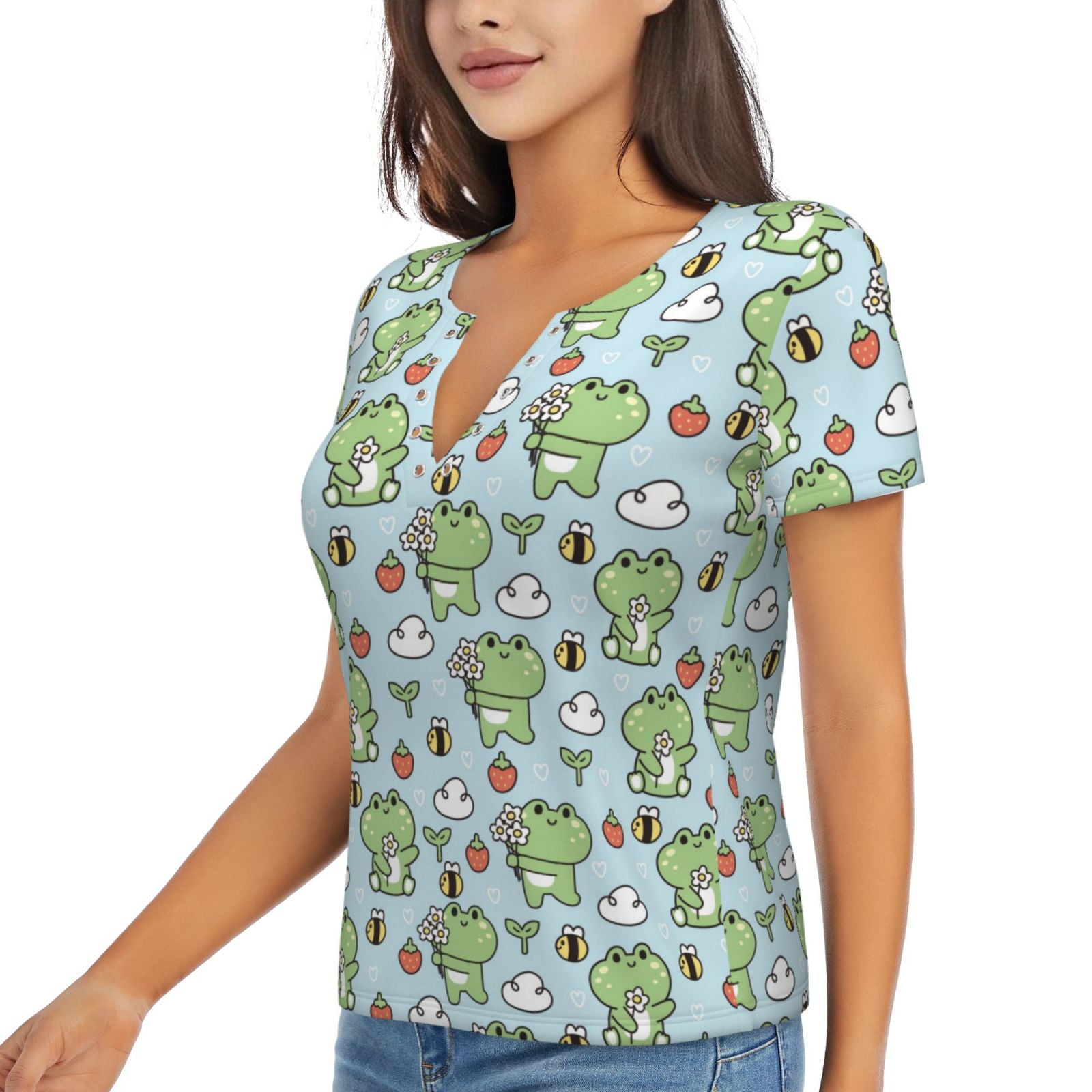 Goofa Cute Floral Frog Pattern Womens Deep V Neck Low Cut Tops Casual ...