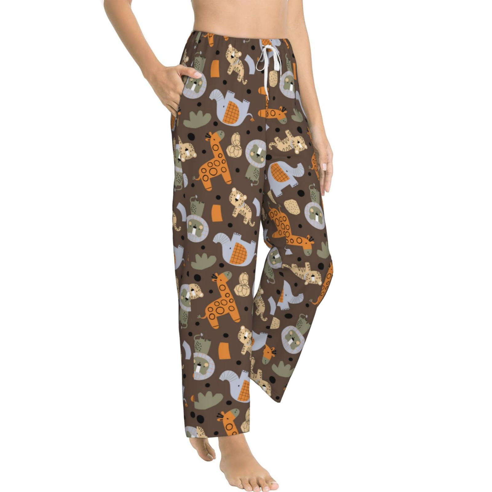 Goofa Cute Lion Tiger Printed Soft Pajama Pants for Women, Wide Leg ...