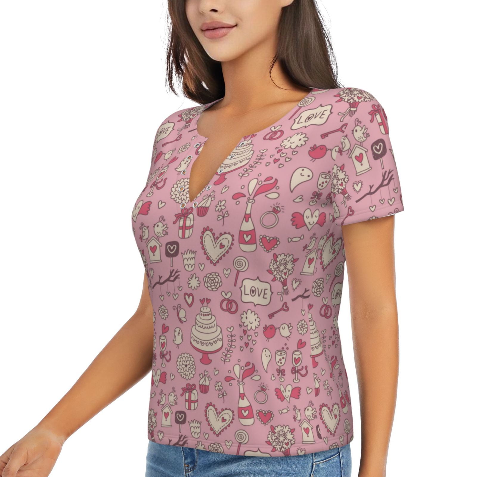 Goofa Cute Love Pattern Womens Deep V Neck Low Cut Tops Casual Summer ...
