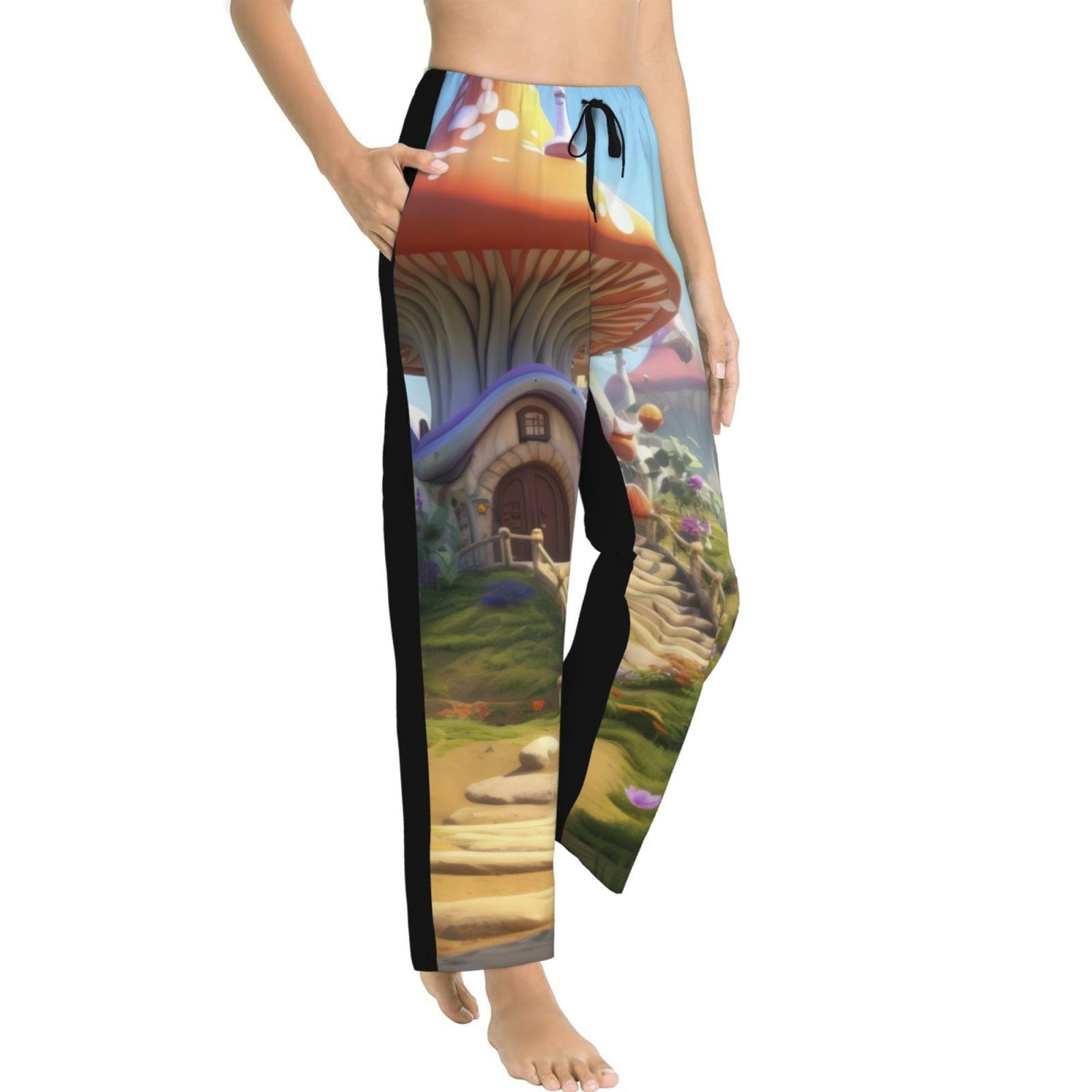 Goofa Cute Mushroom Town Printed Soft Pajama Pants for Women, Wide Leg ...