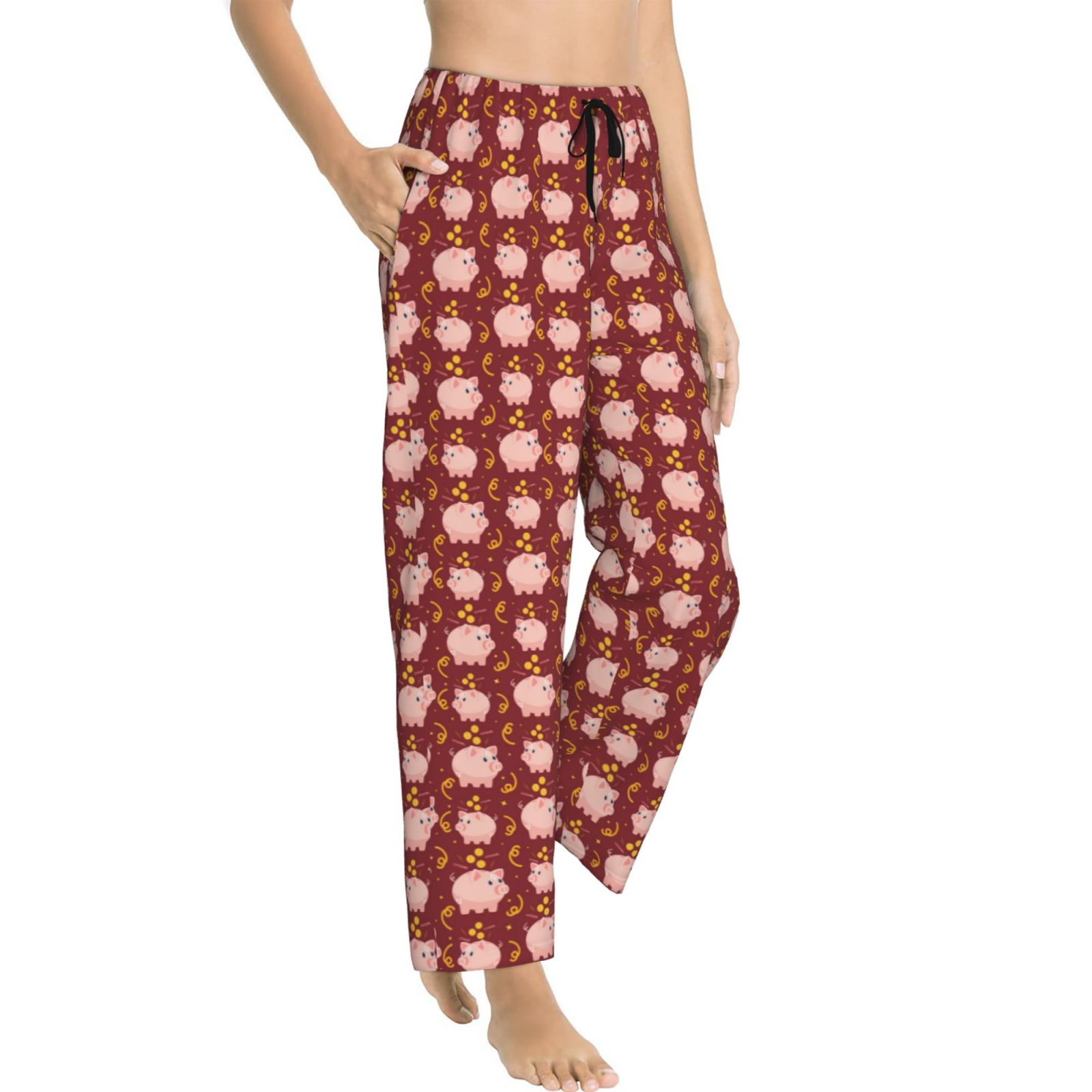Goofa Cute Pig with Coins Printed Soft Pajama Pants for Women, Wide Leg ...