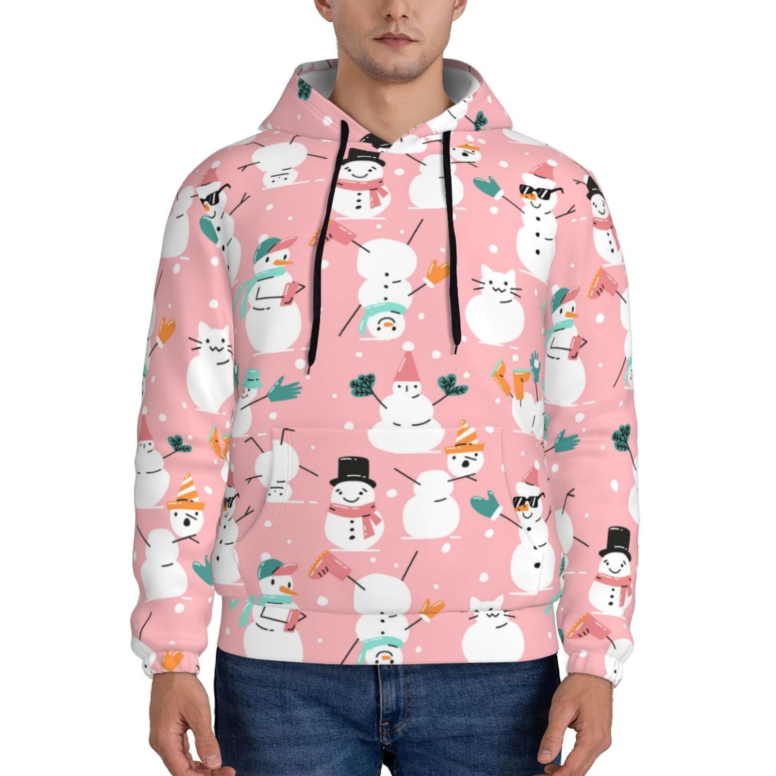 Goofa Cute Pink Snowman Cat for Men's Hooded Sweatshirt - Lightweight ...