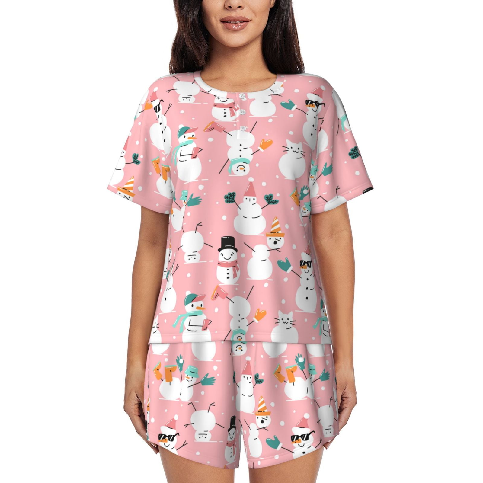 Goofa Cute Pink Snowman Cat for Womens Cotton 2 Piece Pajamas Set ...