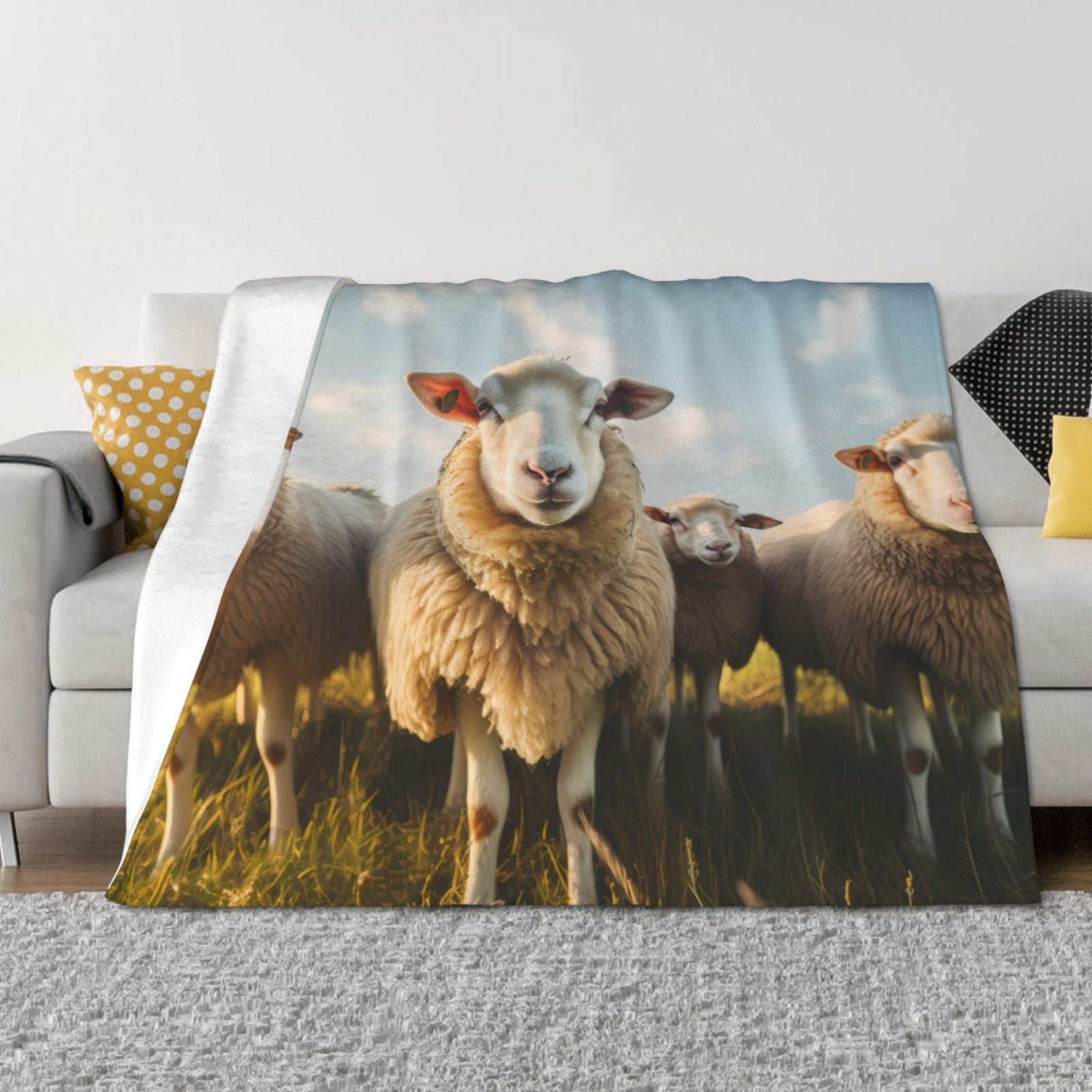 Goofa Cute Prairie Sheep Herd Pattern Fleece Throw Blanket for Couch ...