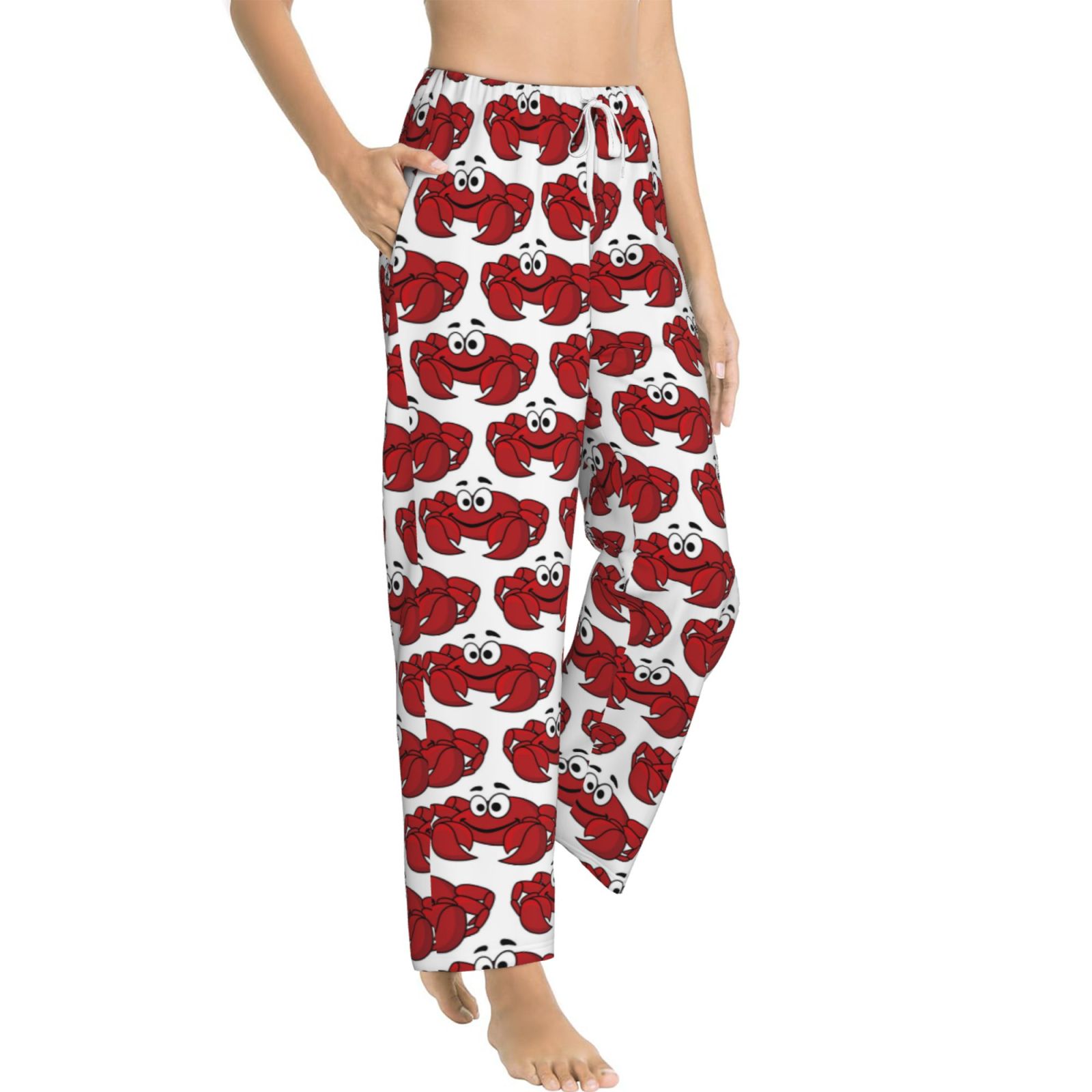 Goofa Cute Red Crab Printed Soft Pajama Pants for Women, Wide Leg Comfy ...