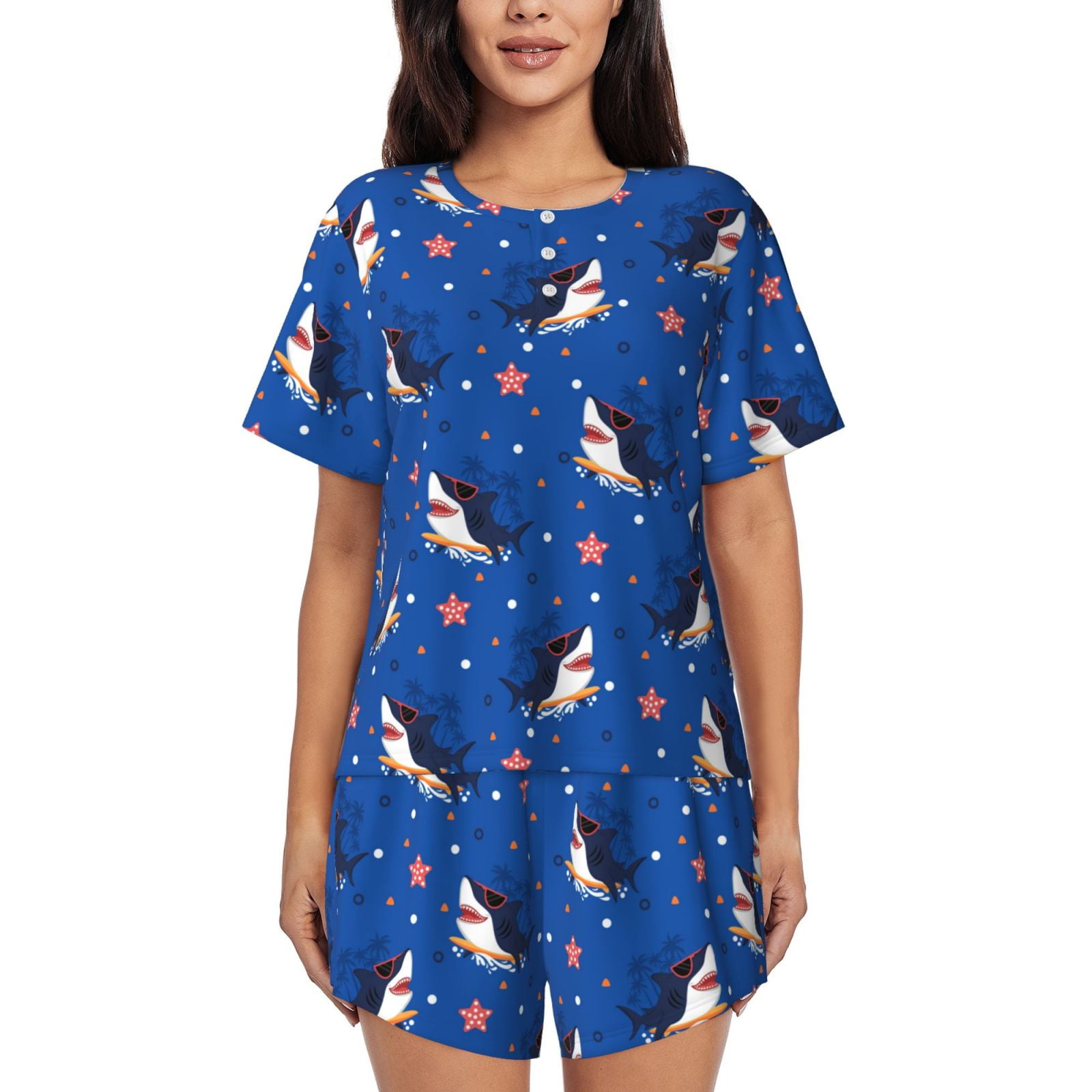 Goofa Cute Shark Cartoon for Womens Cotton 2 Piece Pajamas Set Classic ...
