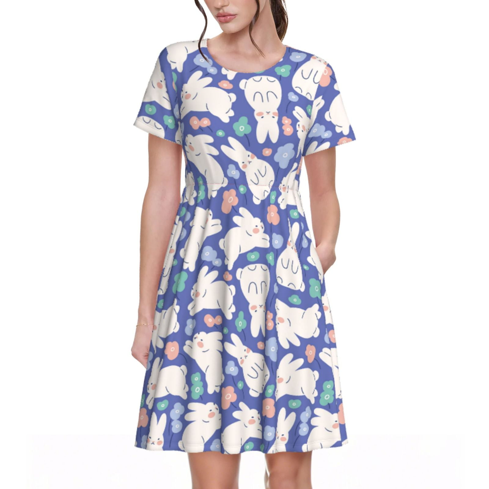 Goofa Cute White Rabbit Pattern Women Summer Short Sleeve Midi Dress ...