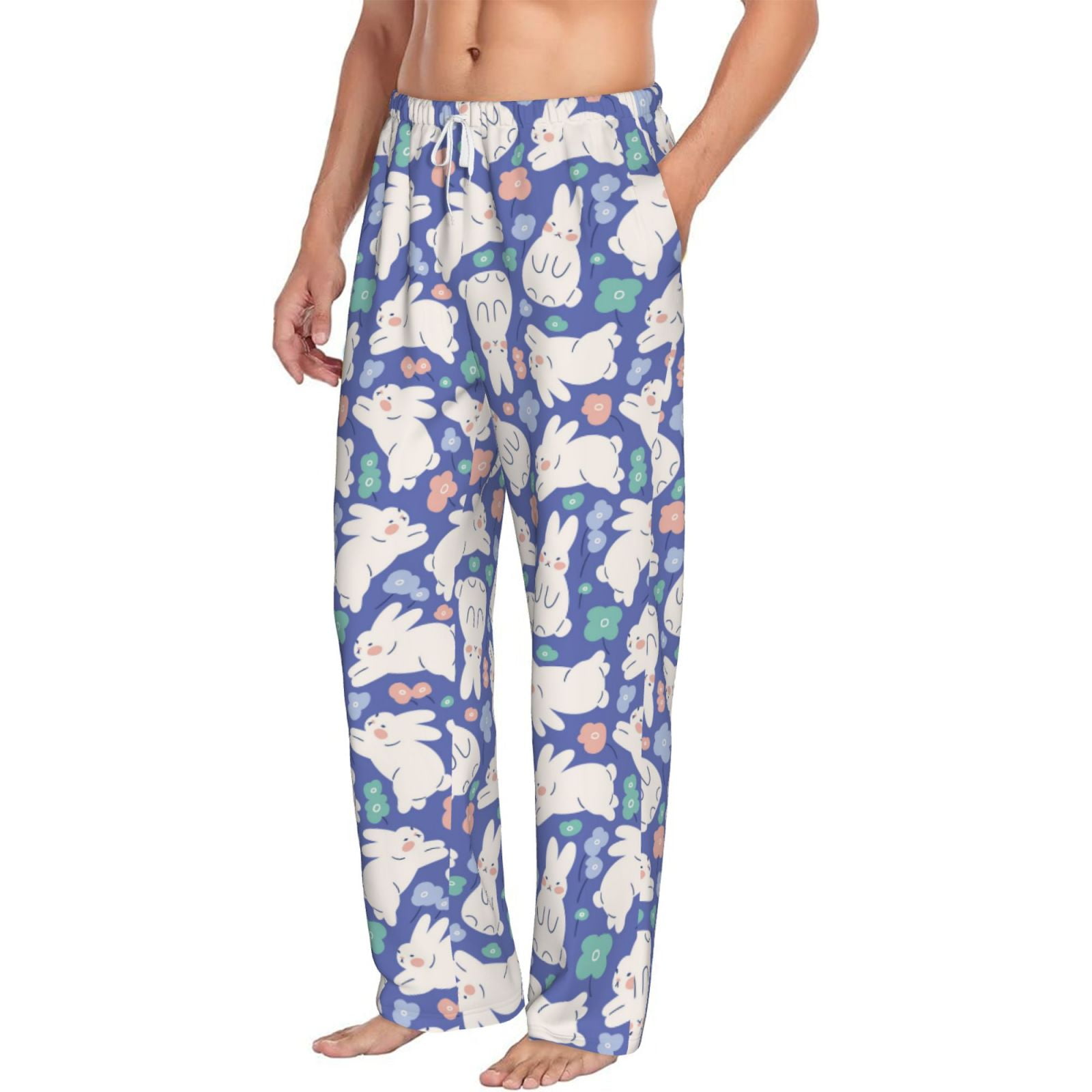 Goofa Cute White Rabbit Printed Soft Pajama Pants for Men, Wide Leg ...