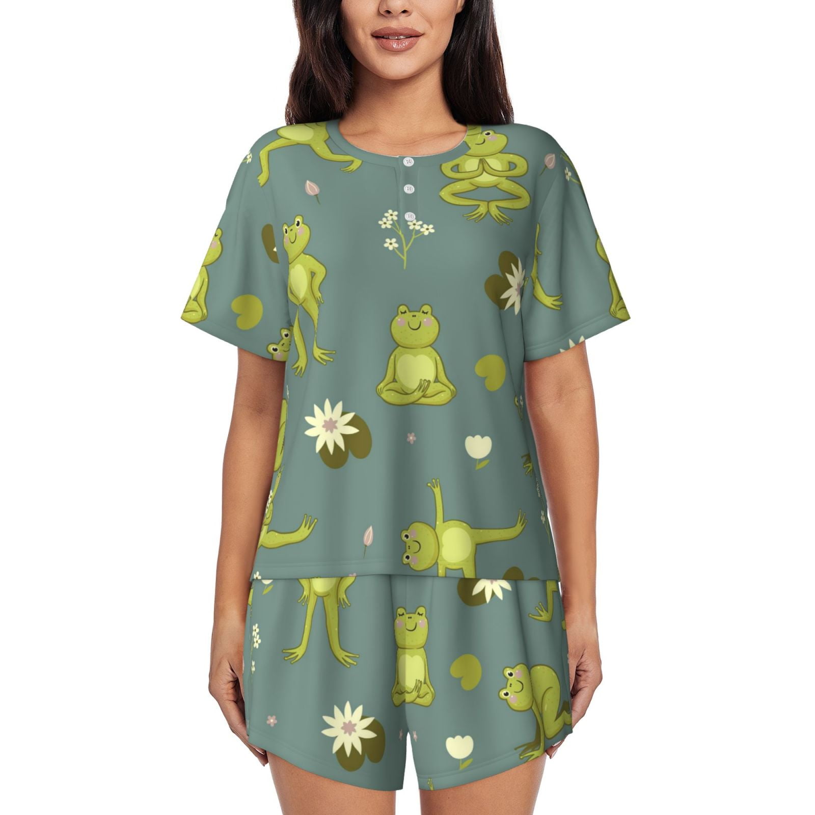 Goofa Cute Yoga Frogs for Womens Cotton 2 Piece Pajamas Set Classic Short Sleeve Pjs Set Soft ...