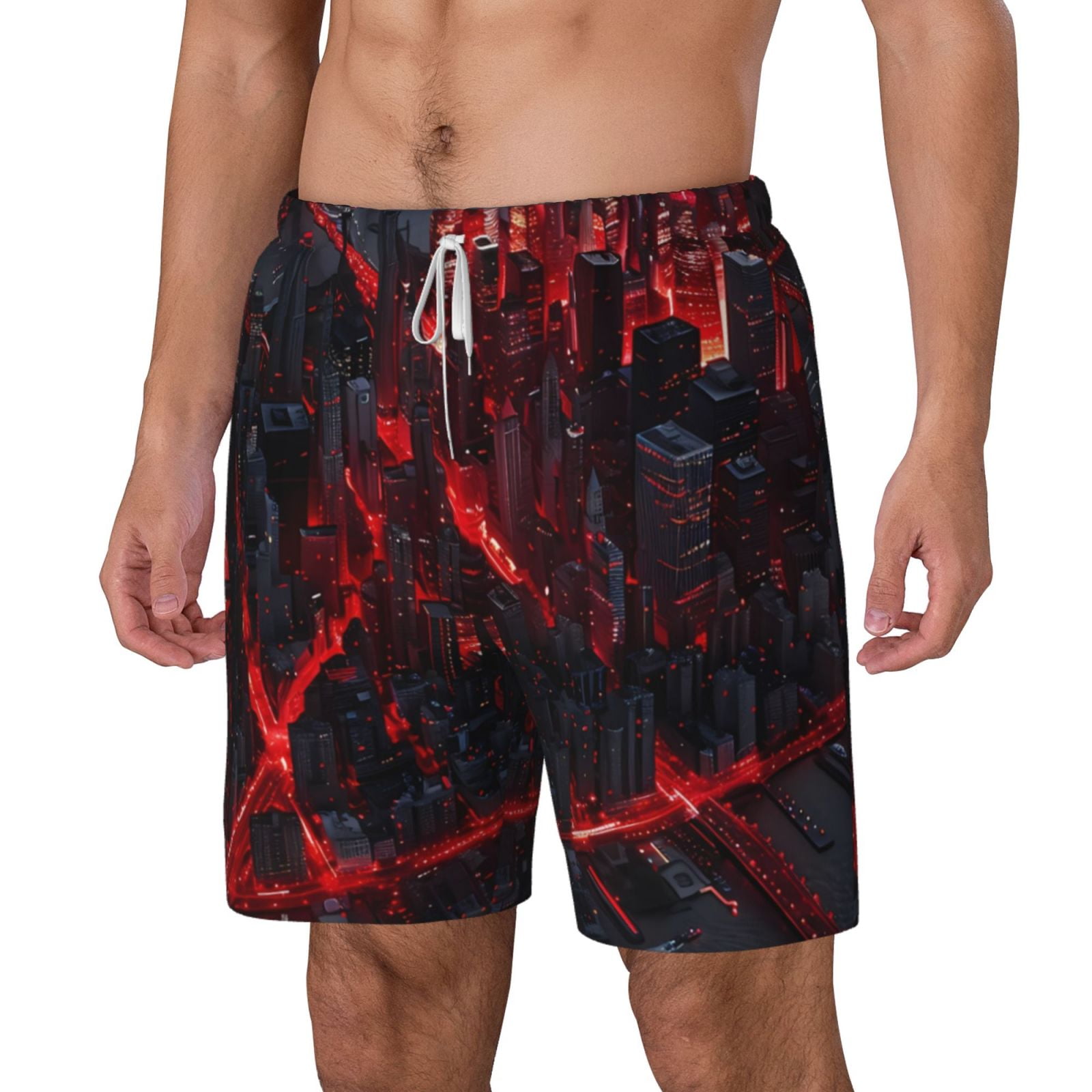 Goofa Cyberpunk Cityscape Lights Printed Men's Swim Trunks Board Shorts Quick Dry Mens Swimming ...