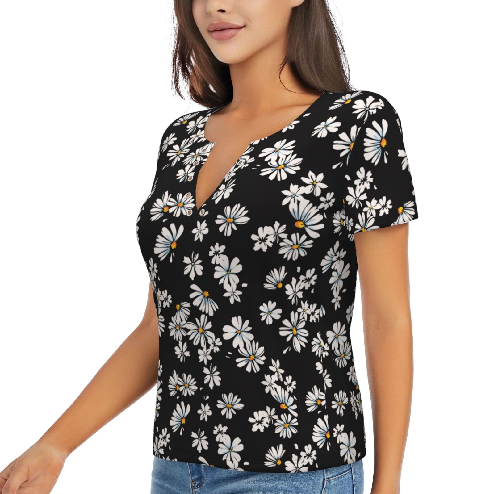 Goofa Daisies Flowers Pattern Womens Deep V Neck Low Cut Tops Casual ...
