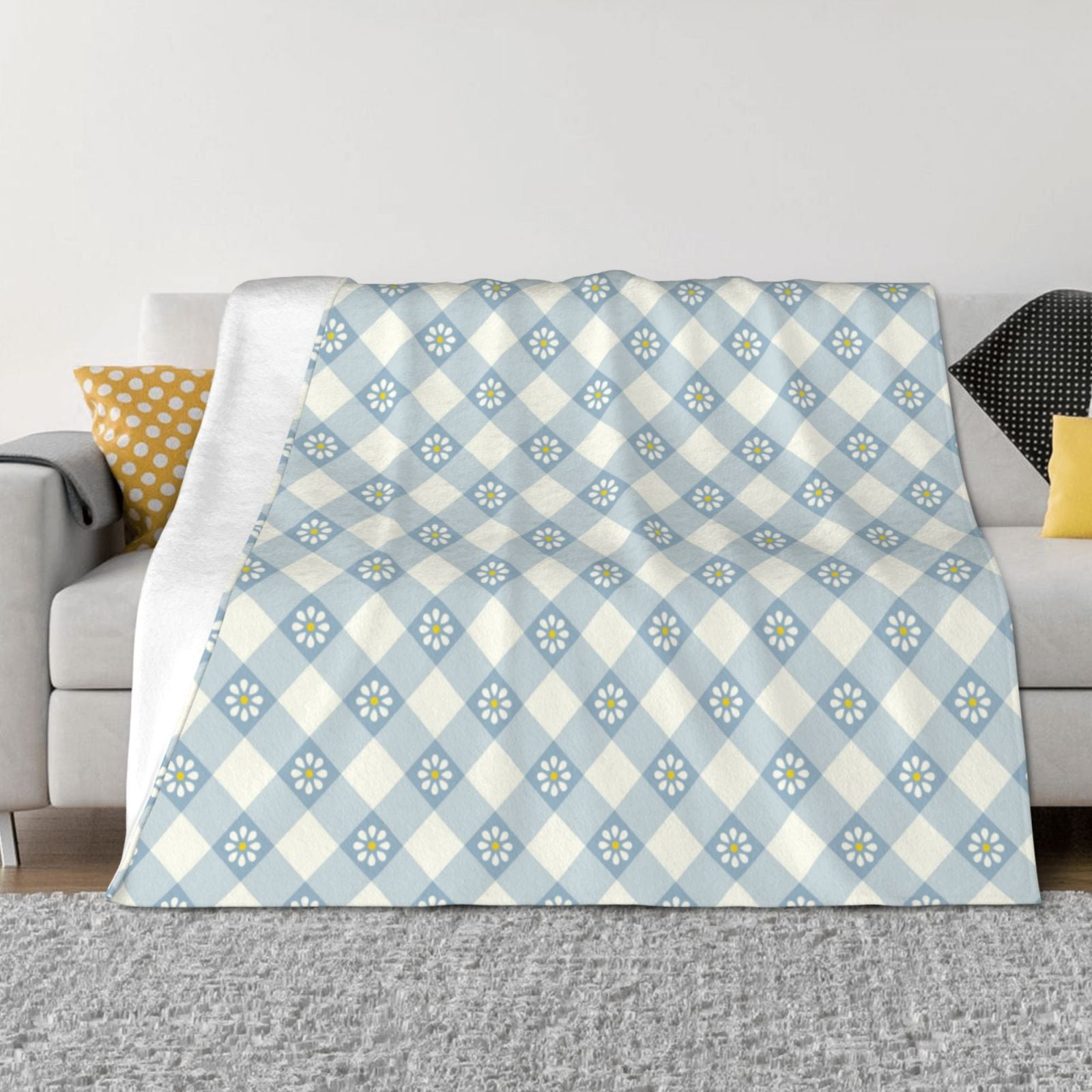Goofa Daisy Plaid Blue Pattern Fleece Throw Blanket for Couch, Soft ...