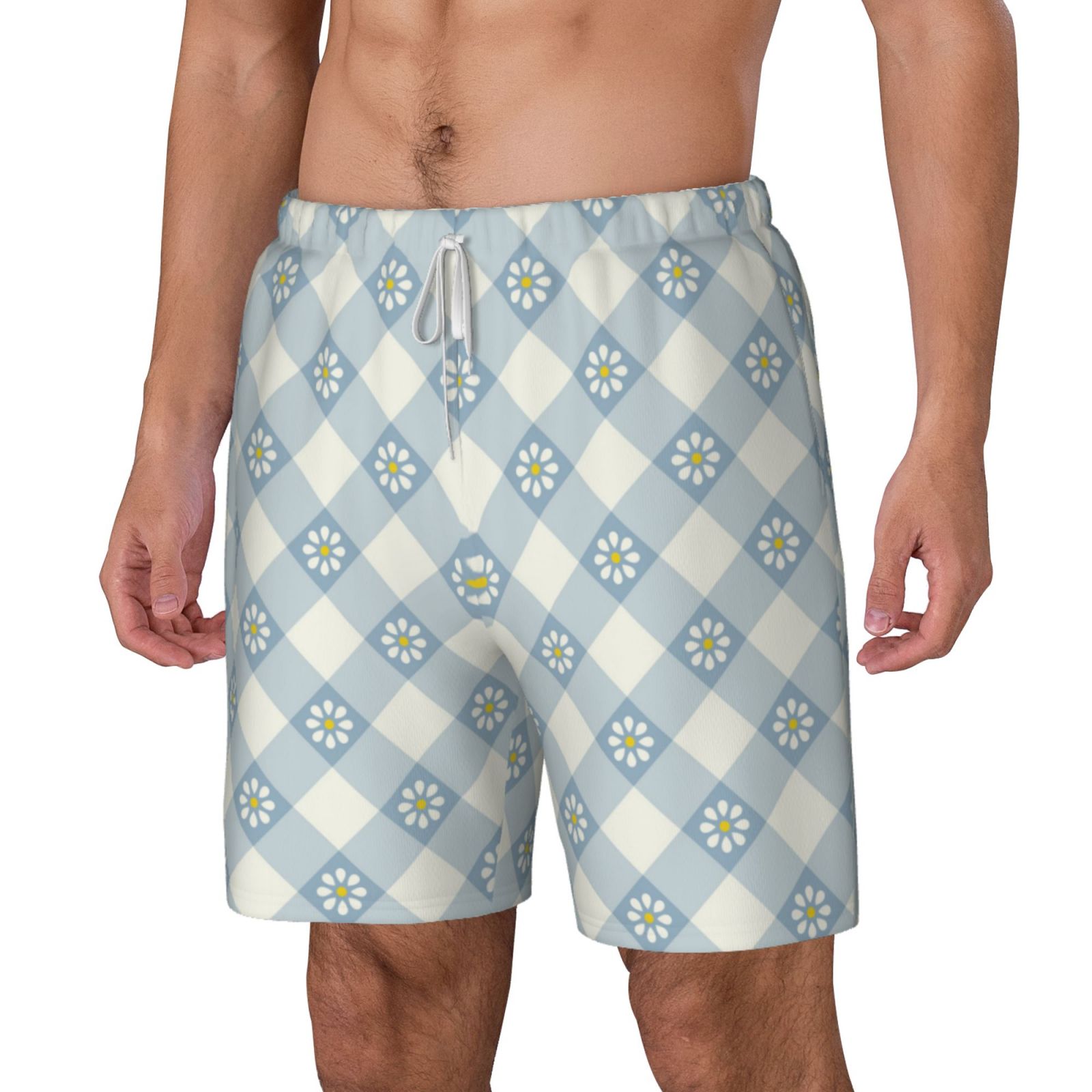 Goofa Daisy Plaid Blue Printed Men's Swim Trunks Board Shorts Quick Dry ...