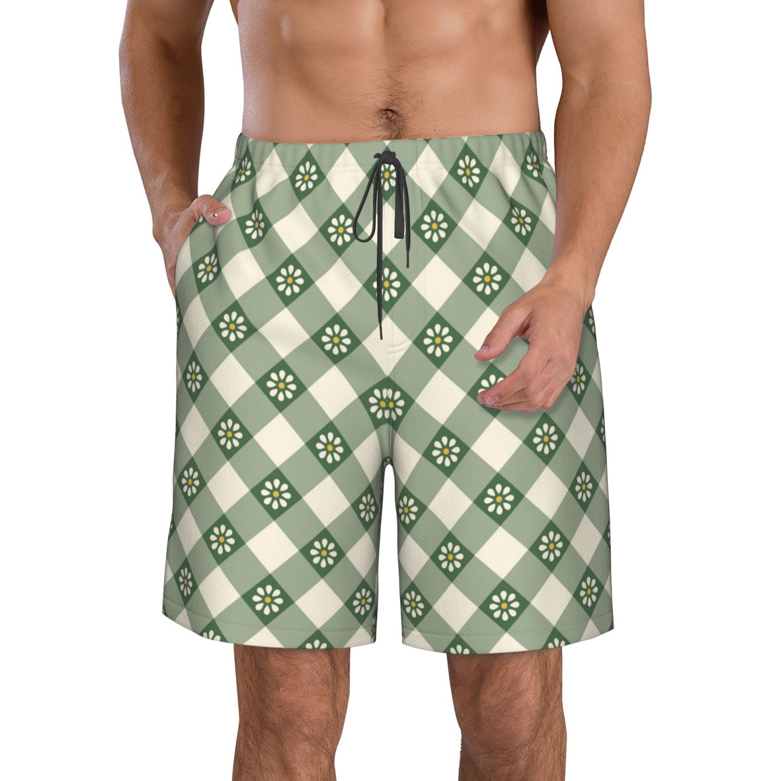 Goofa Daisy Plaid Green Printed Mens Swim Trunks Summer Quick Dry Short ...