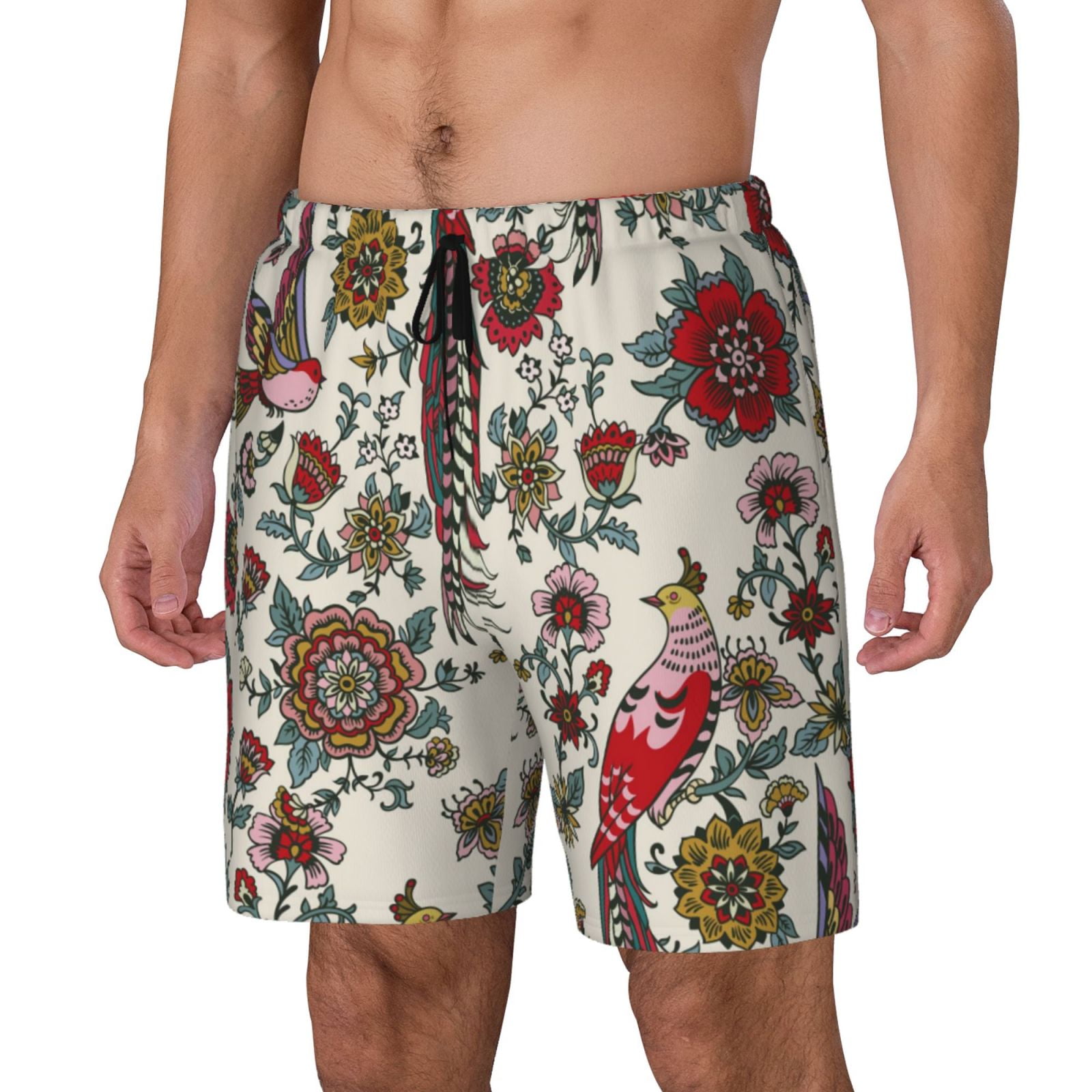 Goofa Dark Enchanted Flowers And Birds Printed Men's Swim Trunks Board ...