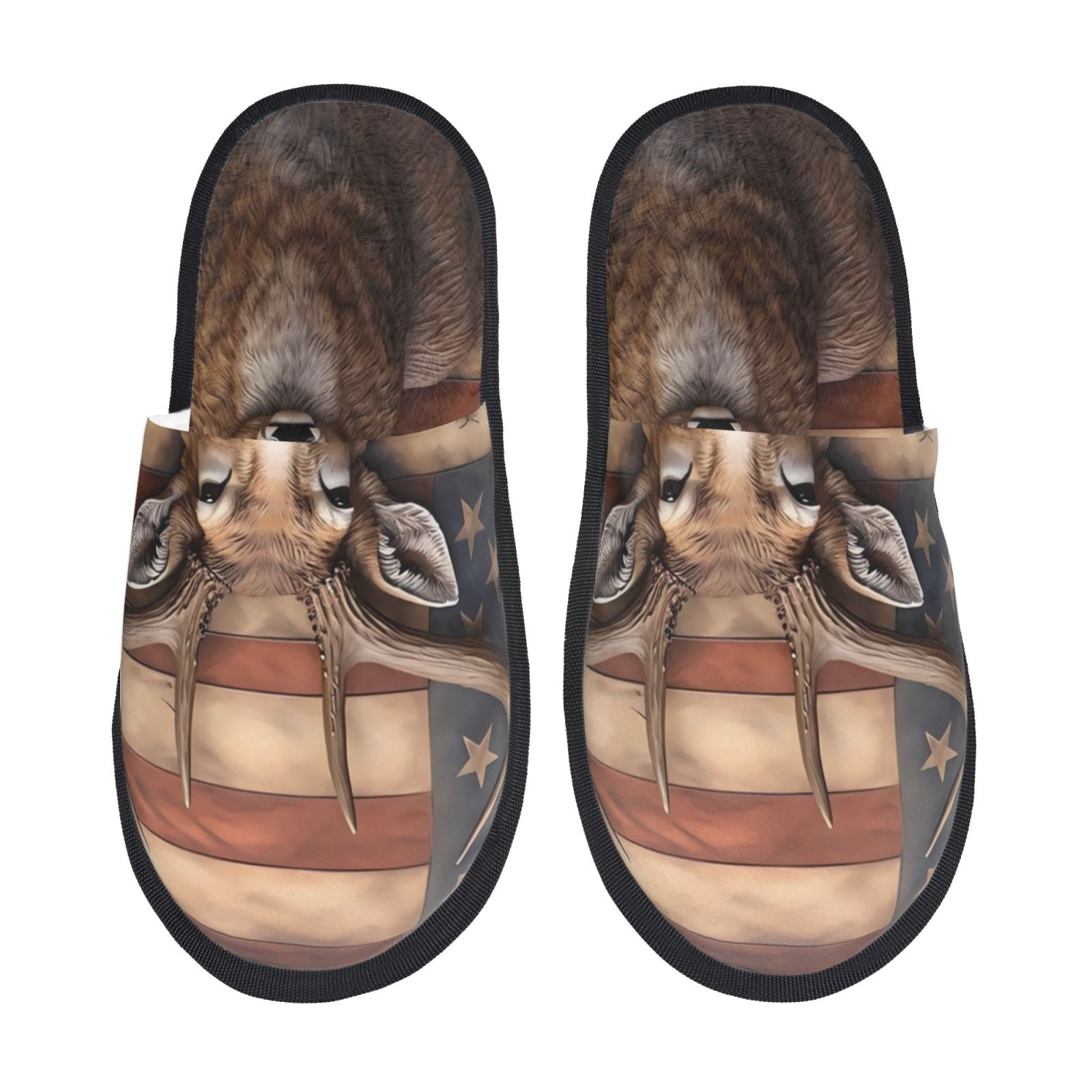Goofa Deer American Flag Wall Pattern Plush Furry Slippers for Men ...