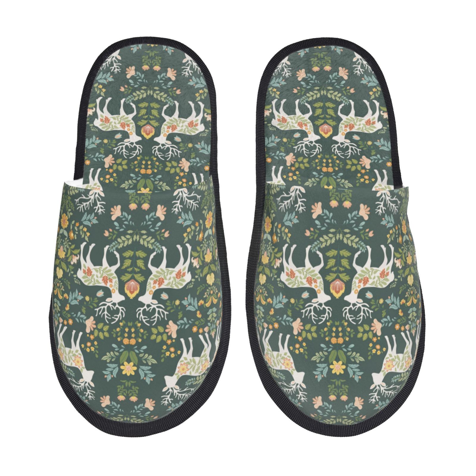 Goofa Deer And Flowers Pattern Plush Furry Slippers for Men & Women ...