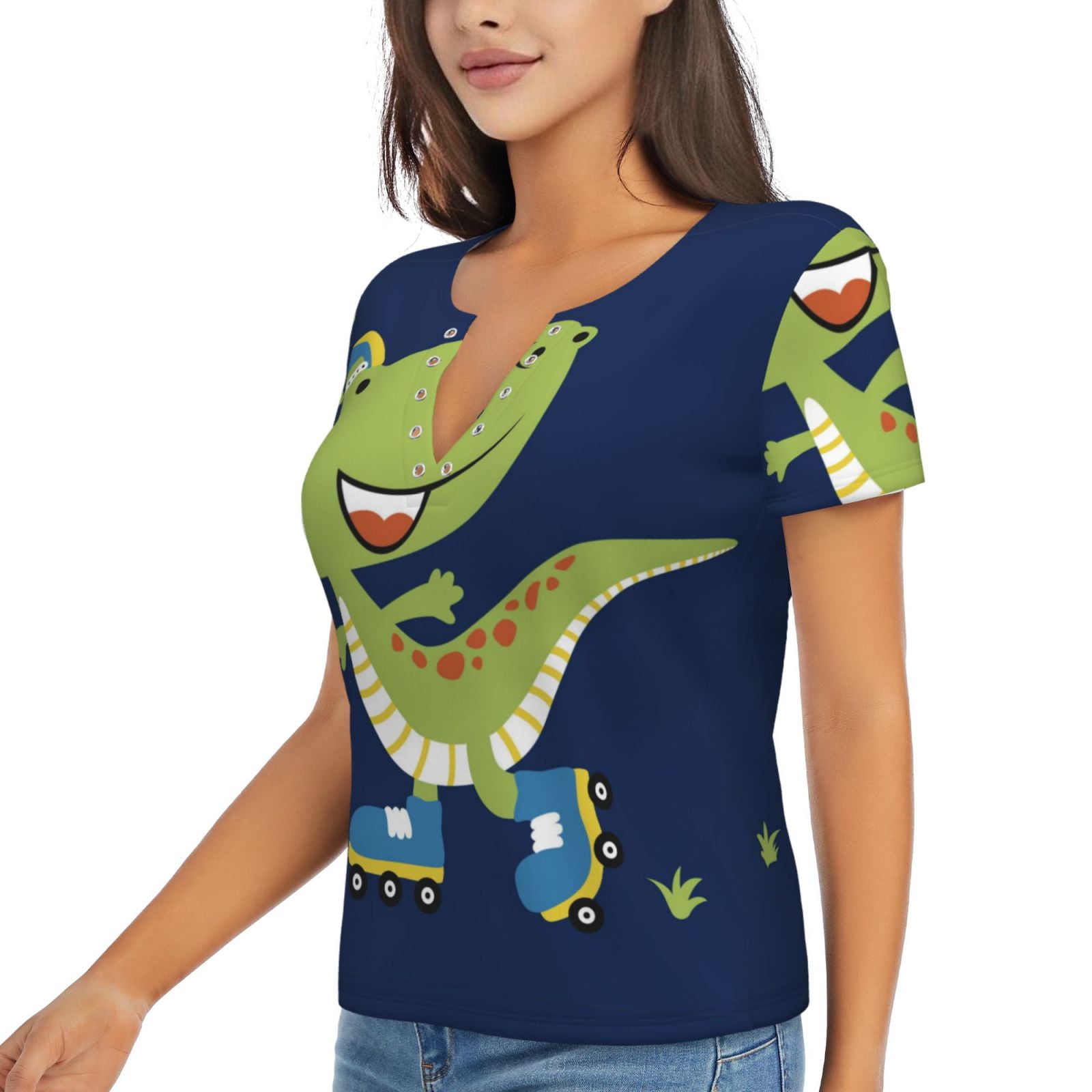 Goofa Dino Playing Roller Skate Pattern Womens Deep V Neck Low Cut Tops ...