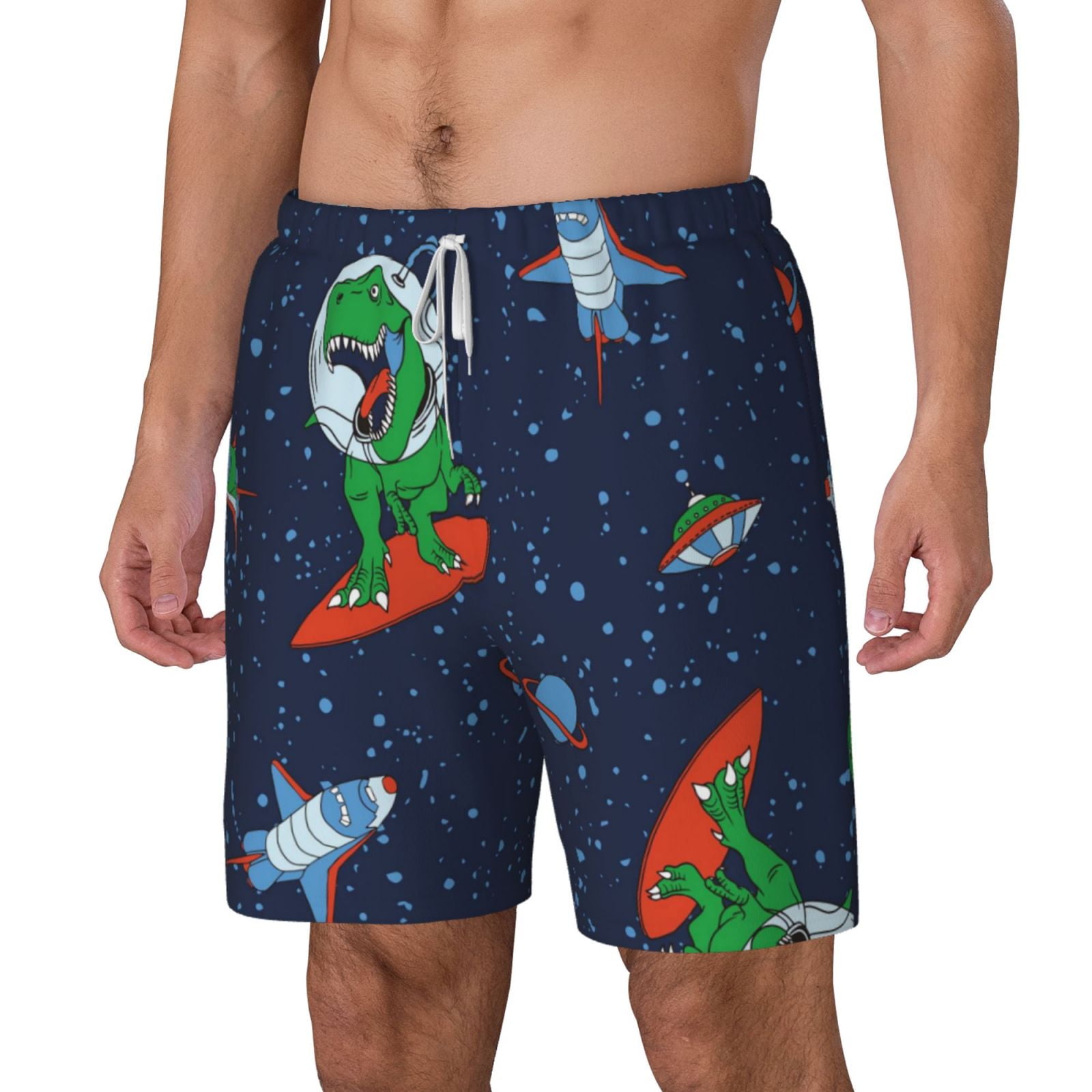 Goofa Dinosaur Astronaut Space Surfing Printed Men's Swim Trunks Board ...