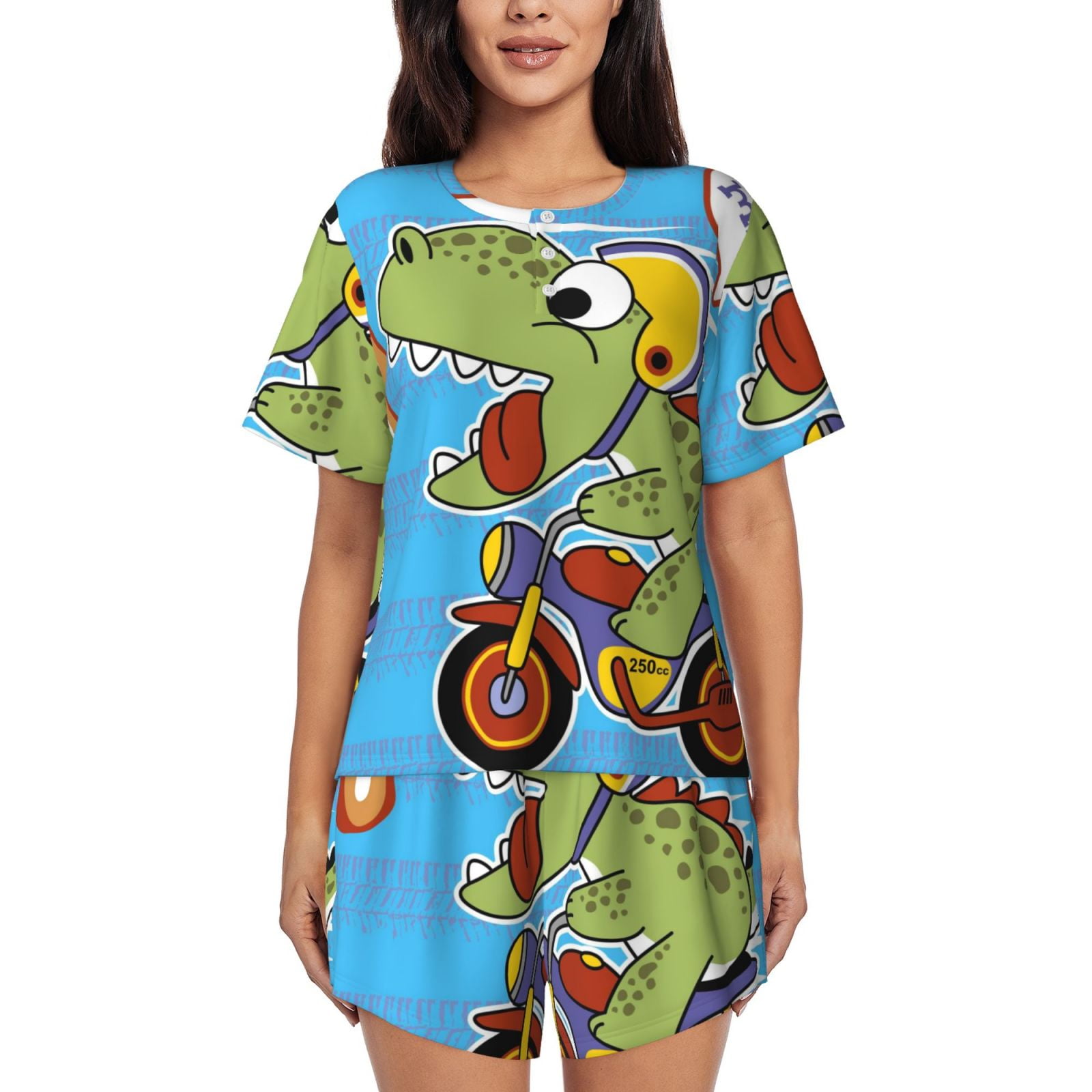 Goofa Dinosaur Riding a Motorcycle for Womens Cotton 2 Piece Pajamas ...