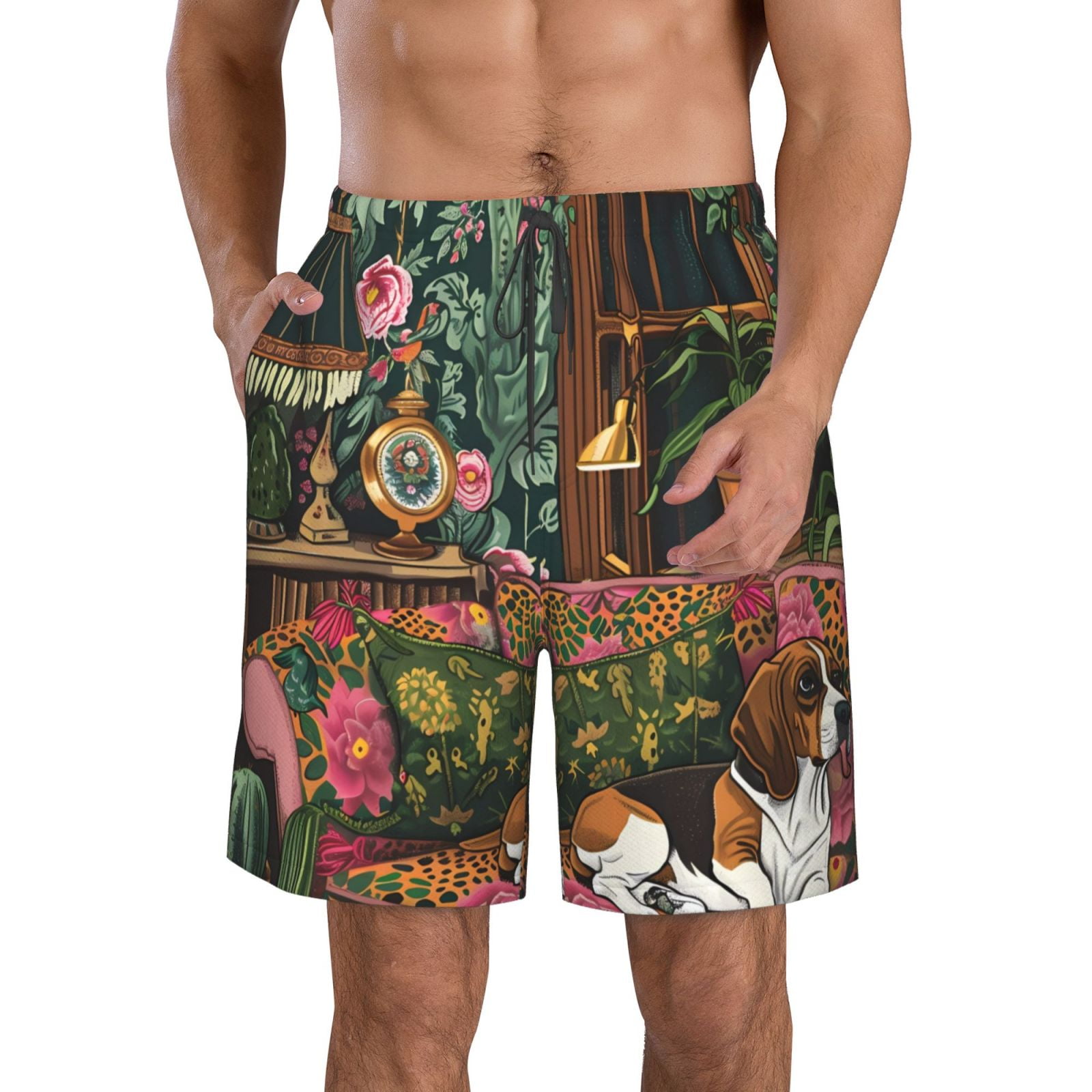 Goofa Dog On Floral Couch Printed Mens Swim Trunks Summer Quick Dry ...