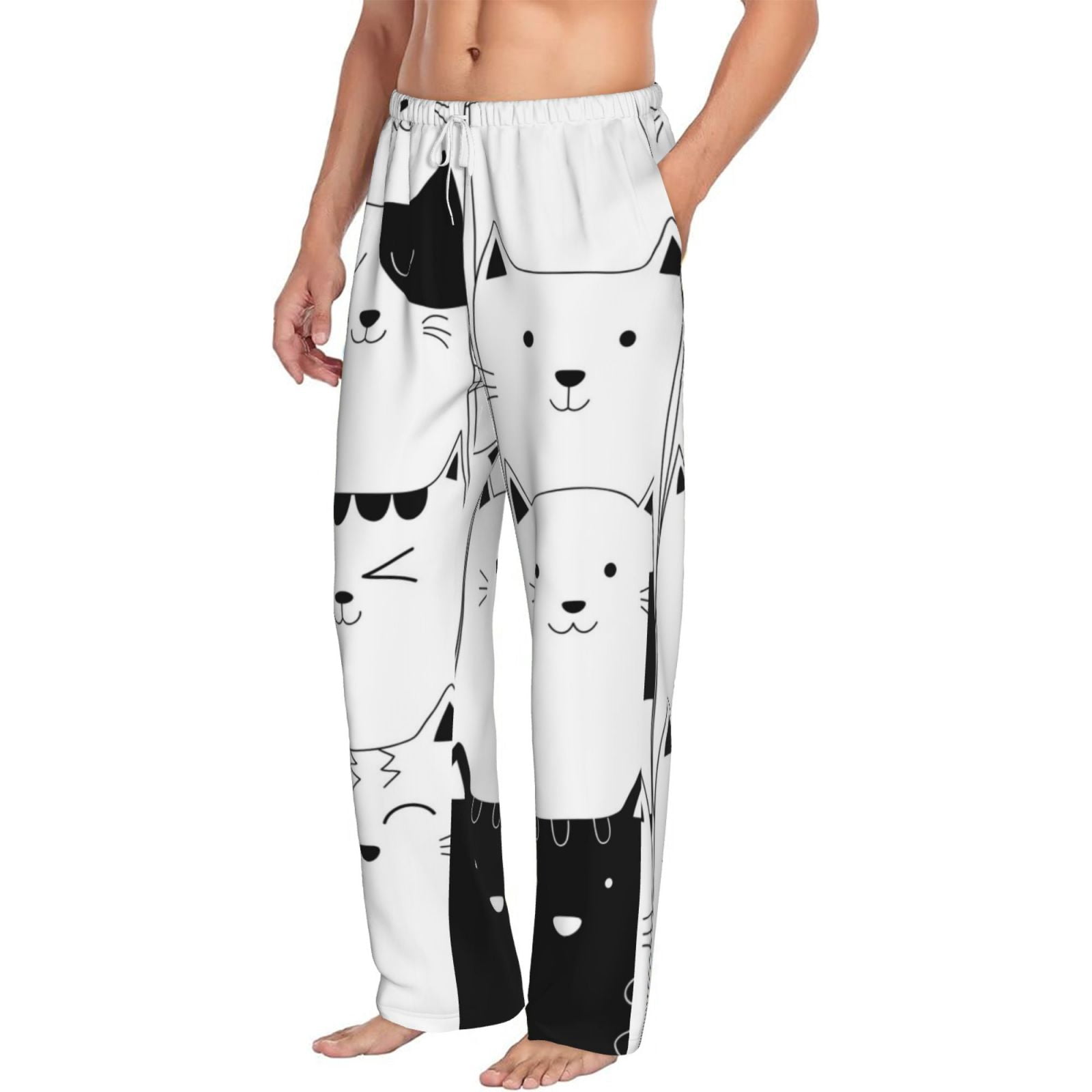 Goofa Doodle Cute Cat Printed Soft Pajama Pants for Men, Wide Leg Comfy ...