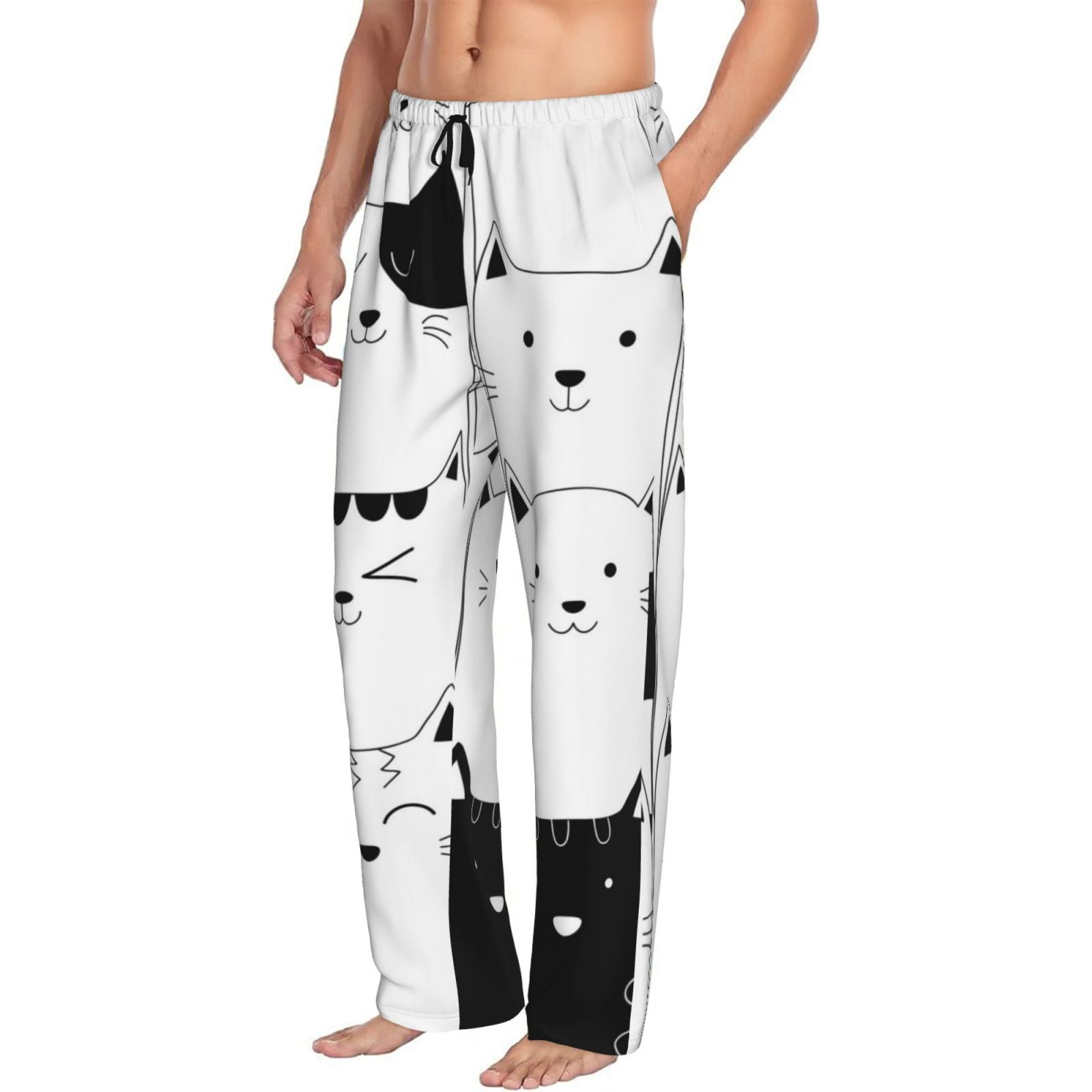 Goofa Doodle Cute Cat Printed Soft Pajama Pants for Men, Wide Leg Comfy ...