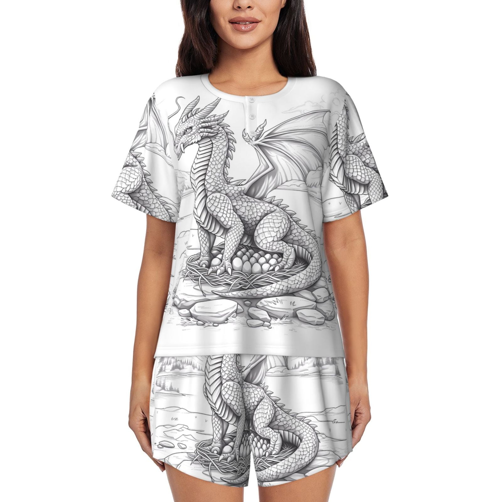 Goofa Dragon Nest Sketch for Womens Cotton 2 Piece Pajamas Set Classic ...