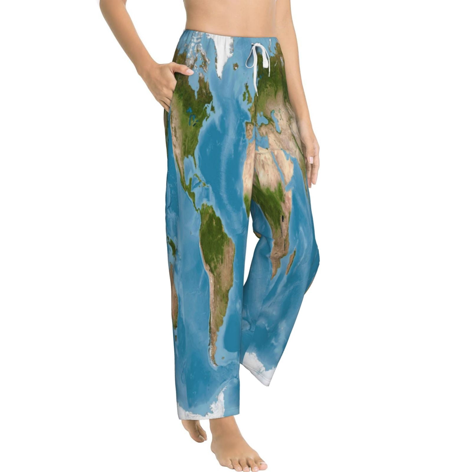 Goofa Earth View World Map Printed Soft Pajama Pants for Women, Wide ...