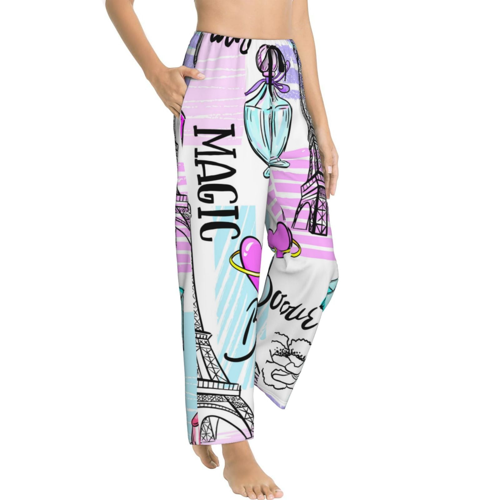 Goofa Eiffel Tower and Hearts Printed Soft Pajama Pants for Women, Wide ...