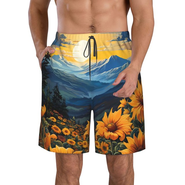 Goofa Elegant Sunset Sunflower Printed Mens Swim Trunks Summer Quick ...