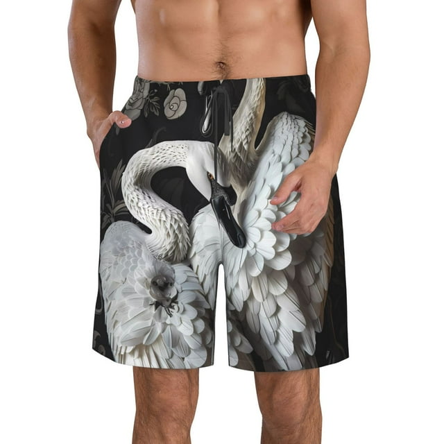 Goofa Elegant Swans Black Background Printed Mens Swim Trunks Summer