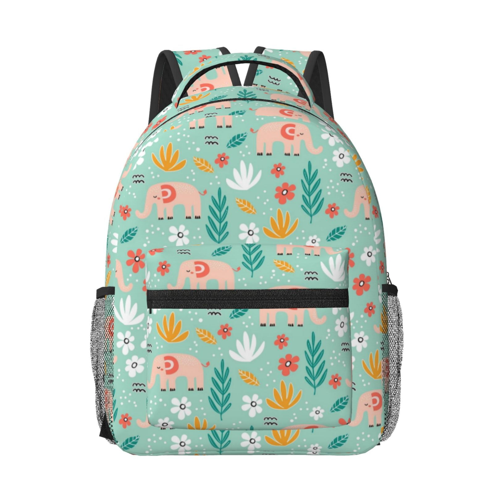 Goofa Elephant and Flowers Pattern Comfortable Student Backpack ...