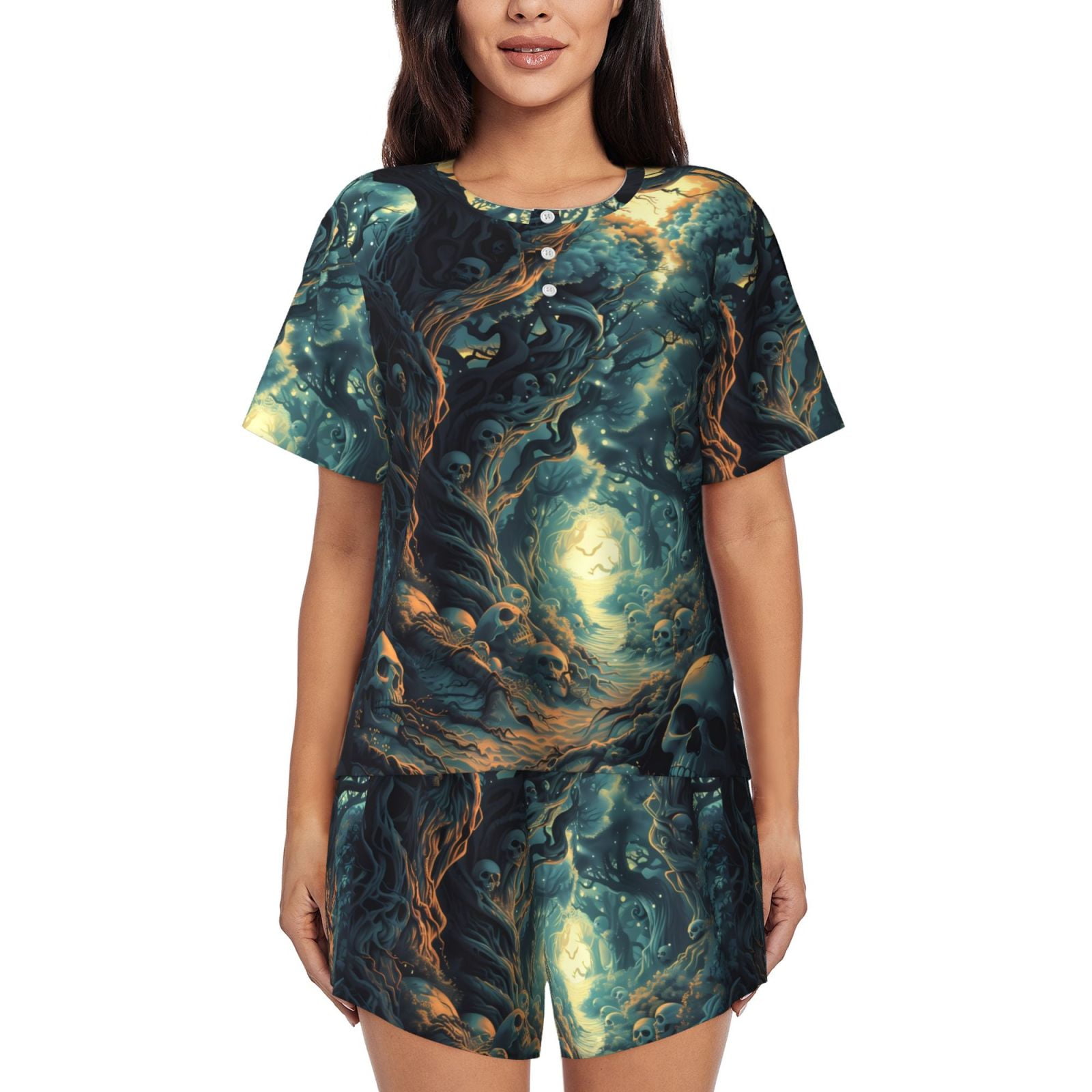 Goofa Enchanted Forest Skull Path for Womens Cotton 2 Piece Pajamas Set ...