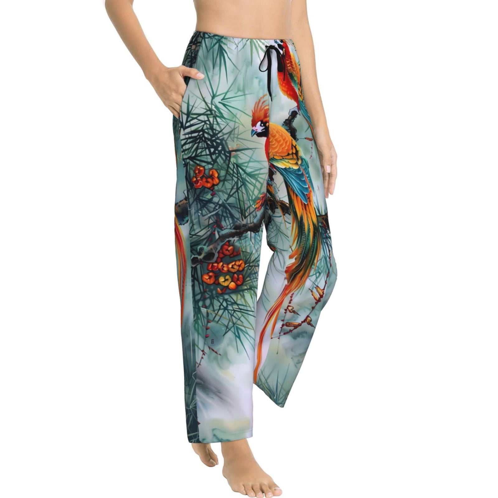 Goofa Exotic Birds Forest Printed Soft Pajama Pants for Women, Wide Leg ...