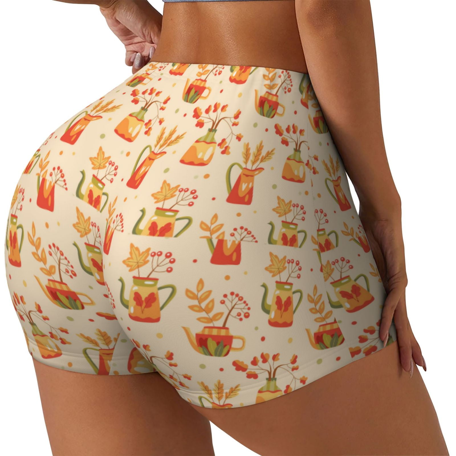 Goofa Fall Leaves Printed Workout Shorts Women Seamless Scrunch Butt Lifting High Waisted Gym ...