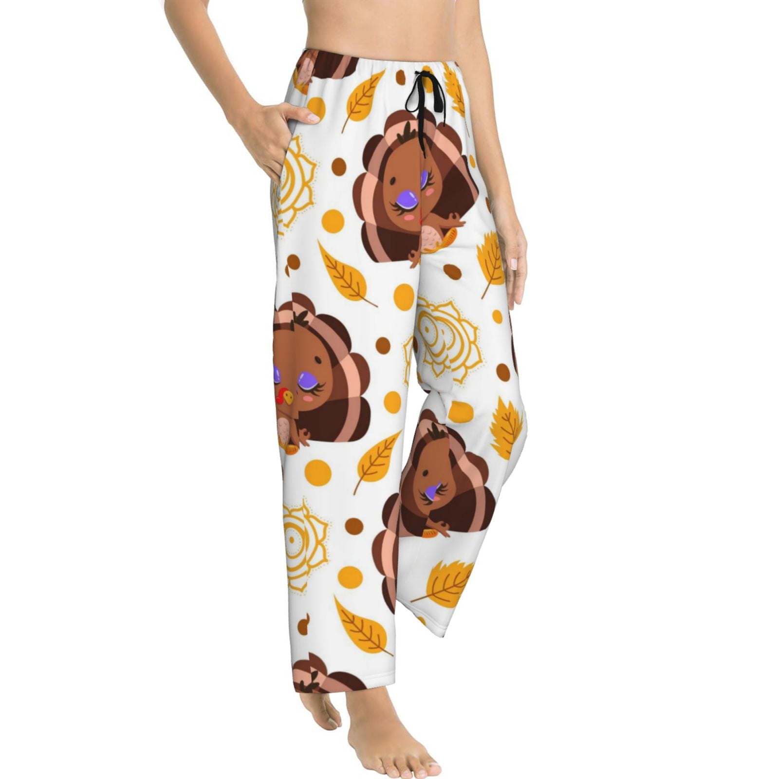 Goofa Fall Turkey Printed Soft Pajama Pants for Women, Wide Leg Comfy ...