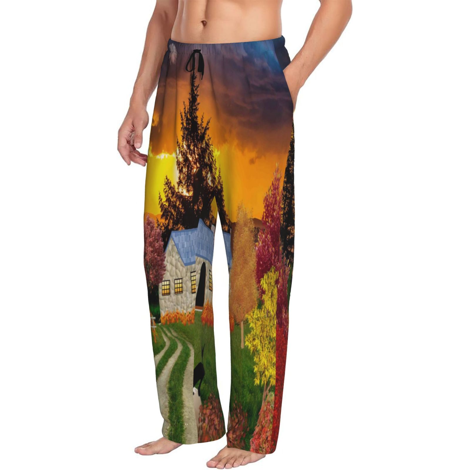 Goofa Fall Village Scenery Printed Soft Pajama Pants for Men, Wide Leg ...