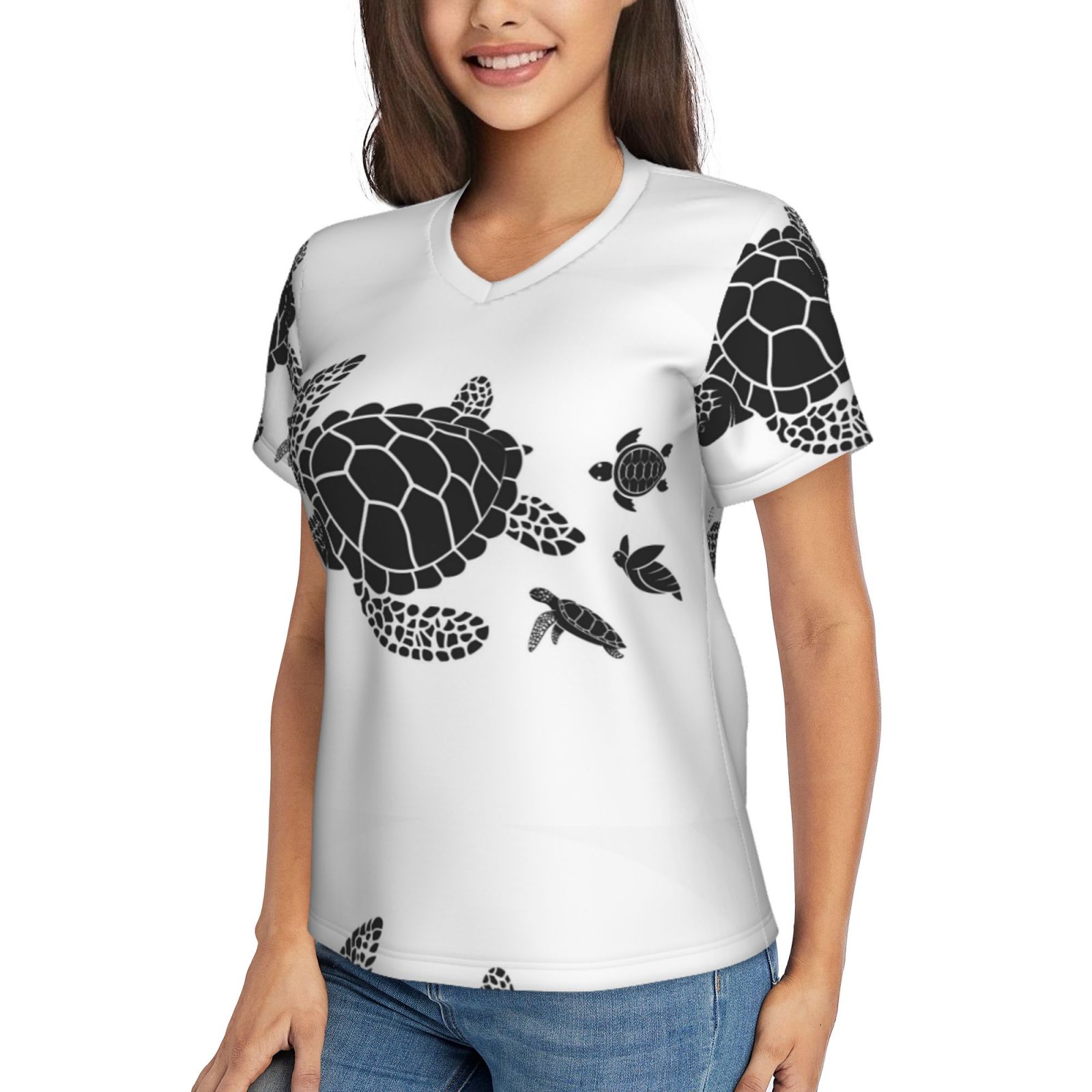 Goofa Family Of Sea Turtles Pattern Women's Slim-Fit Short-Sleeve V ...