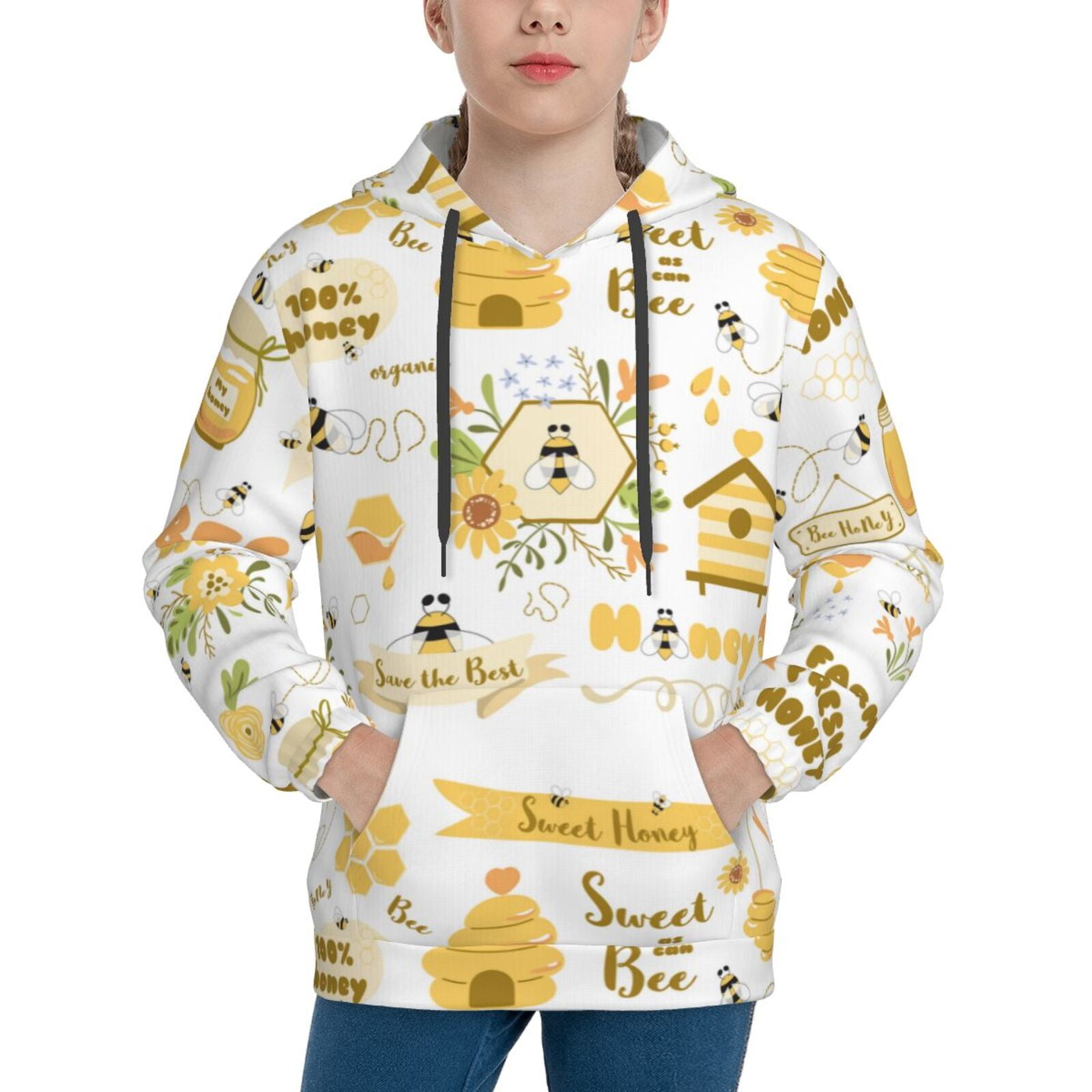 Goofa Farm Bee Cute Honey Pattern Hooded Sweatshirt for Youth Trendy ...