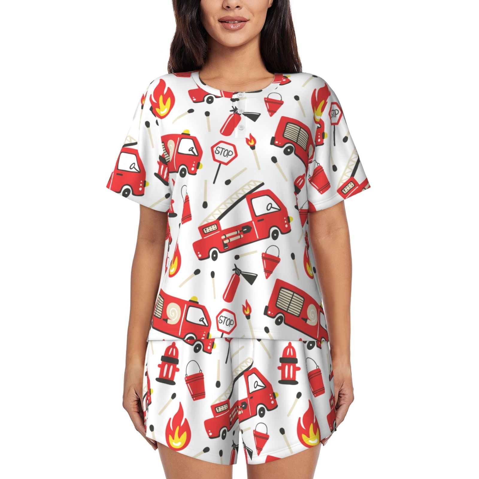 Goofa Fire Truck for Womens Cotton 2 Piece Pajamas Set Classic Short ...